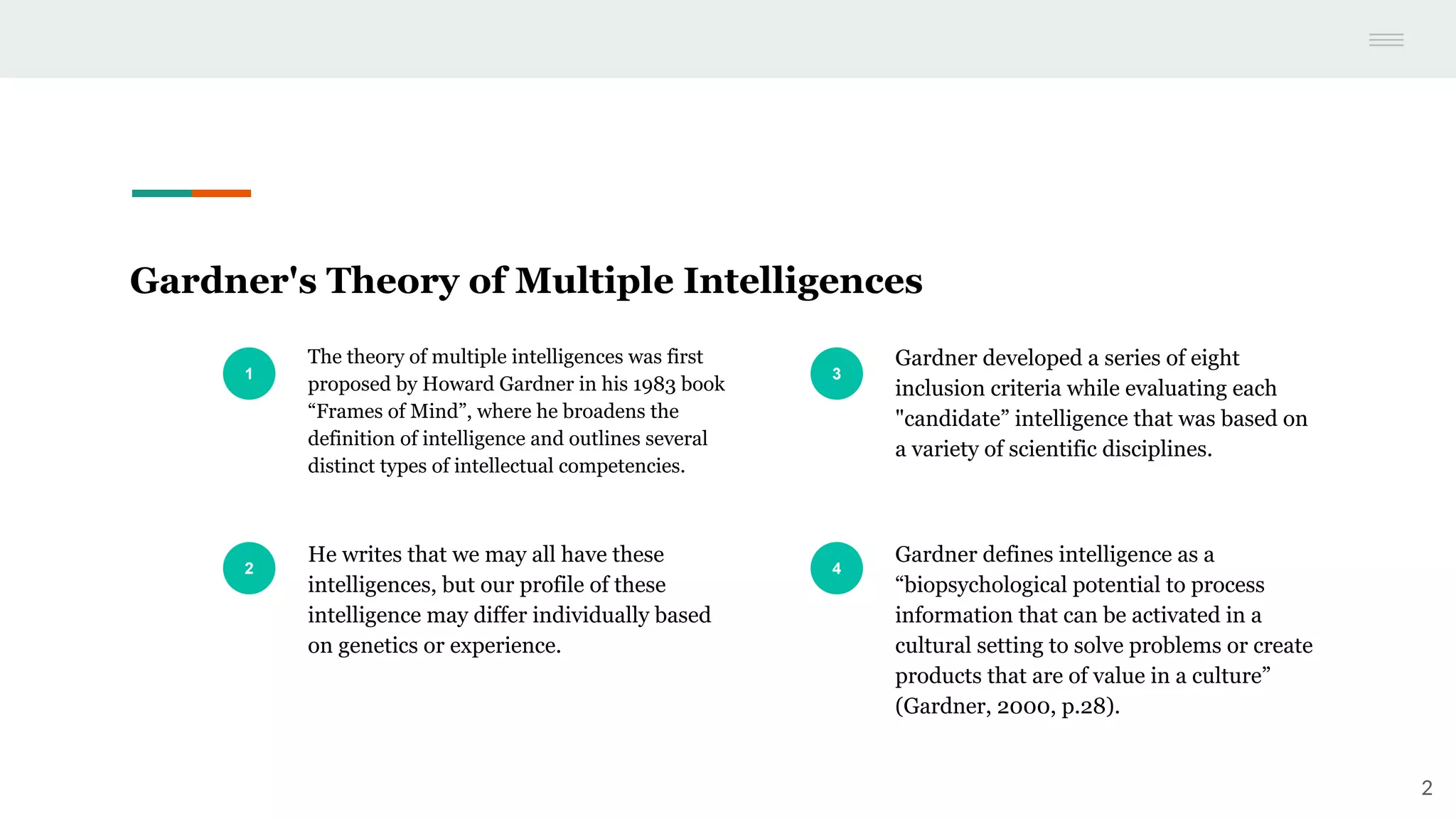 Gardner's multiple Intelligence theories | PPT