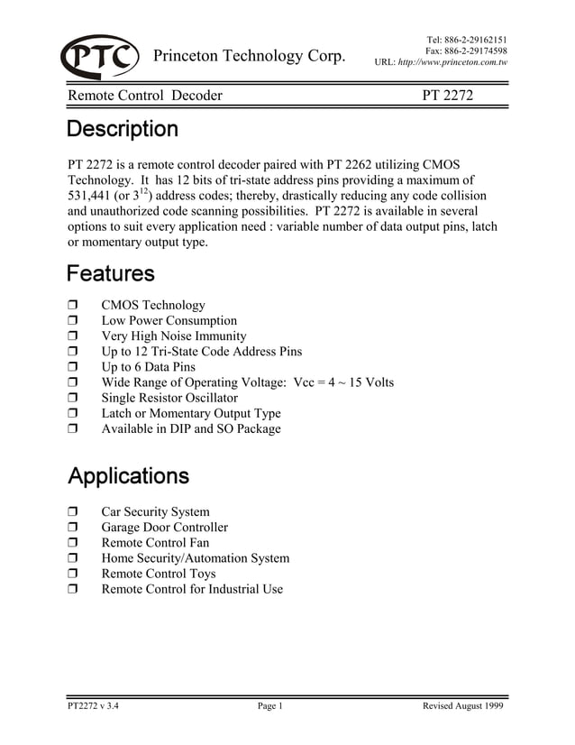 Electrónica: PT2272 Decodificador de control remoto (Datasheet) | PDF ...