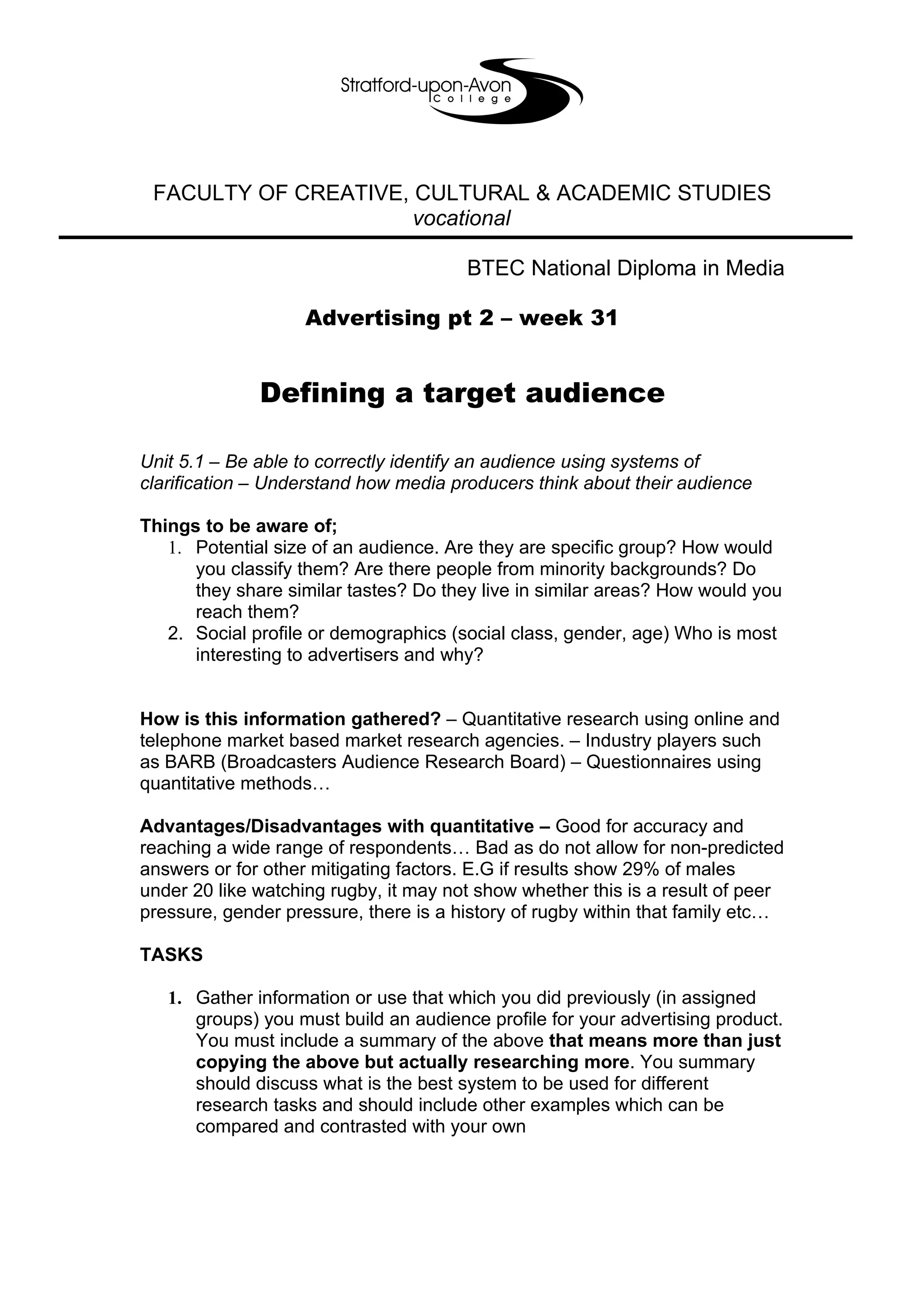 Pt 2 defining target audience worksheet | PDF