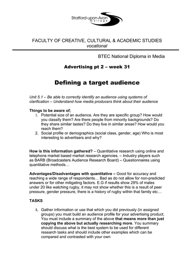 Pt 2 defining target audience worksheet | PDF
