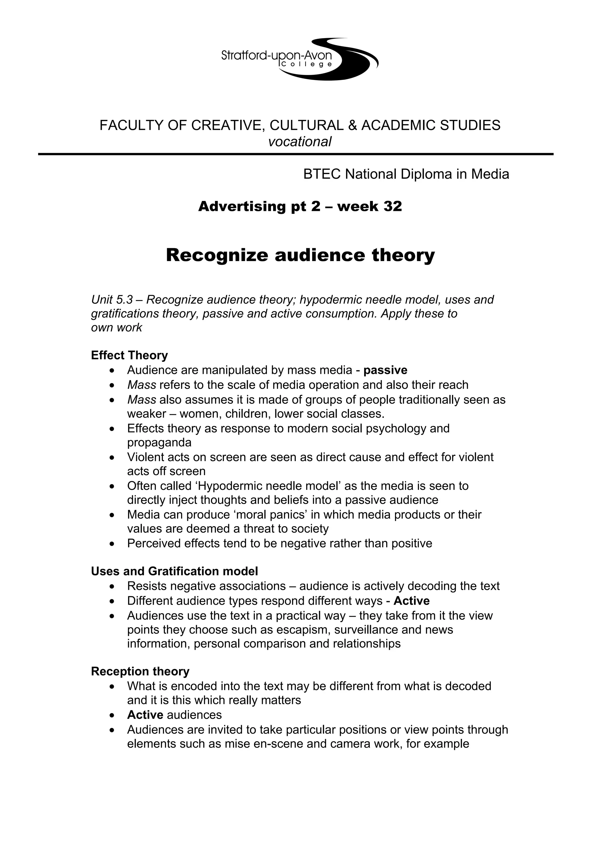 Pt 2 recognising audience theory worksheet | DOC