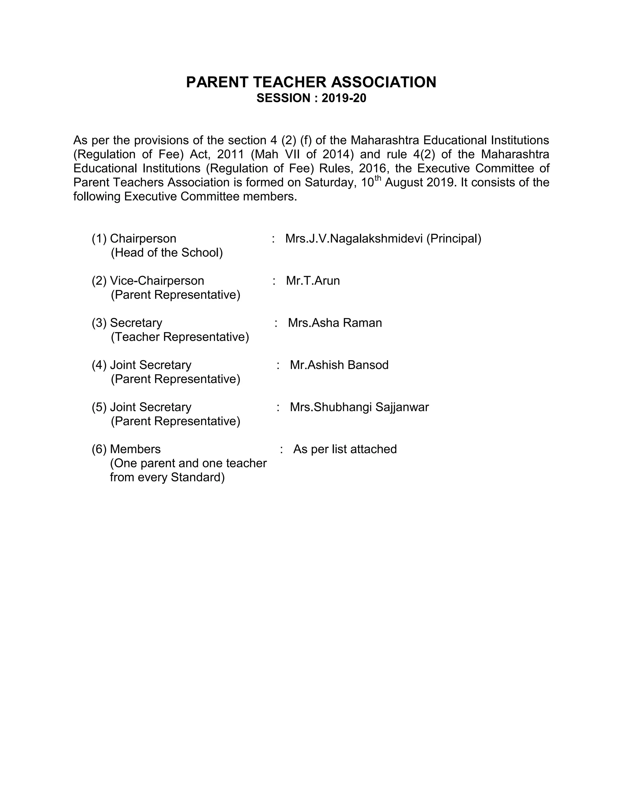 PTA Executive Committee - Bharti Krishna Vidya Vihar 2019 | PDF