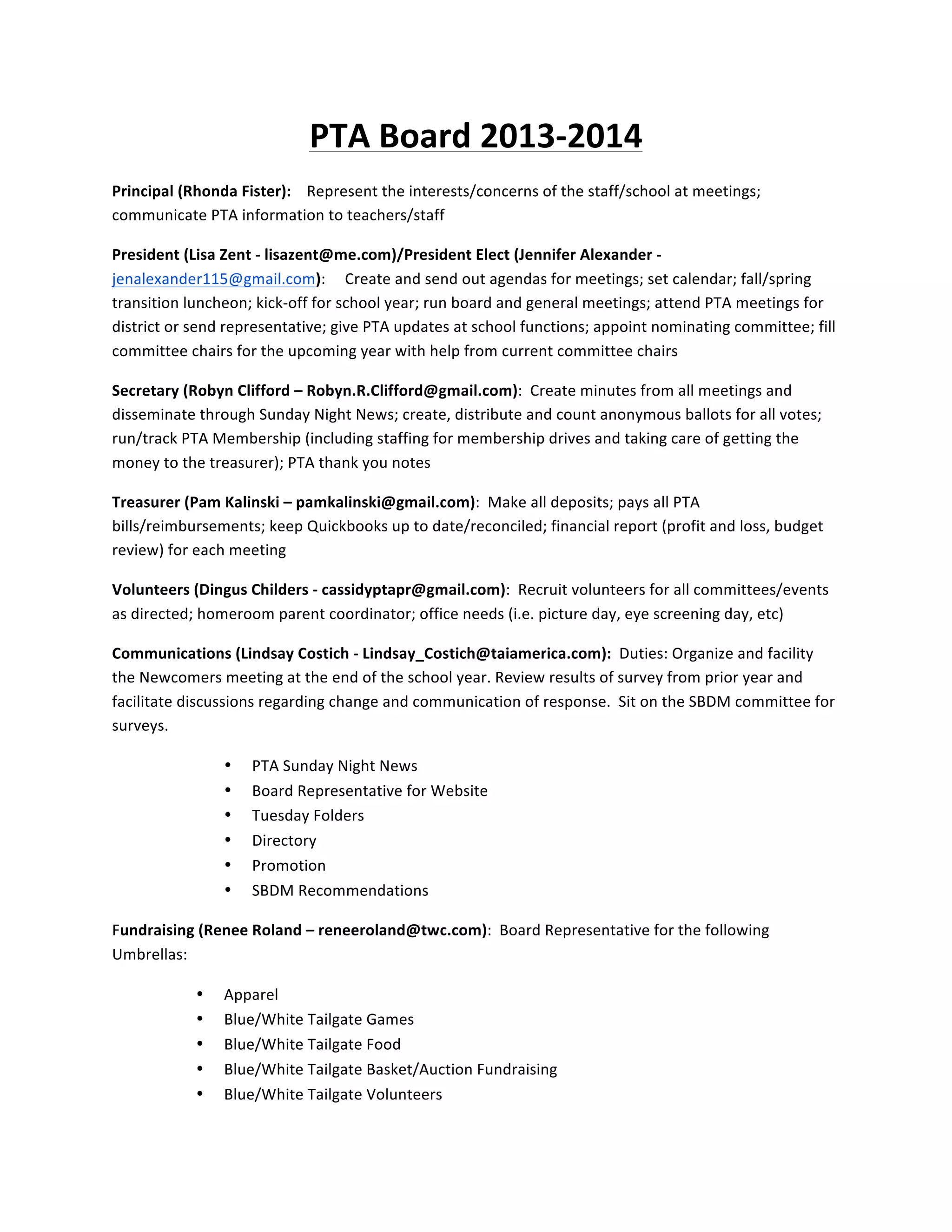 PTA Board and Committees 2014 2015 | PDF