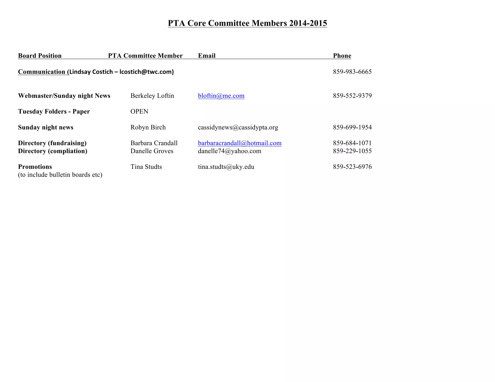 PTA Board and Committees 2014 2015 | PDF
