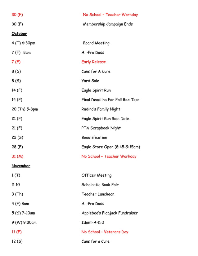 PTA Calendar | DOCX | National & Civic Holidays | Holidays