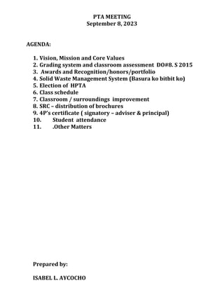 general classroom pta meeting organization | DOCX | Educational ...