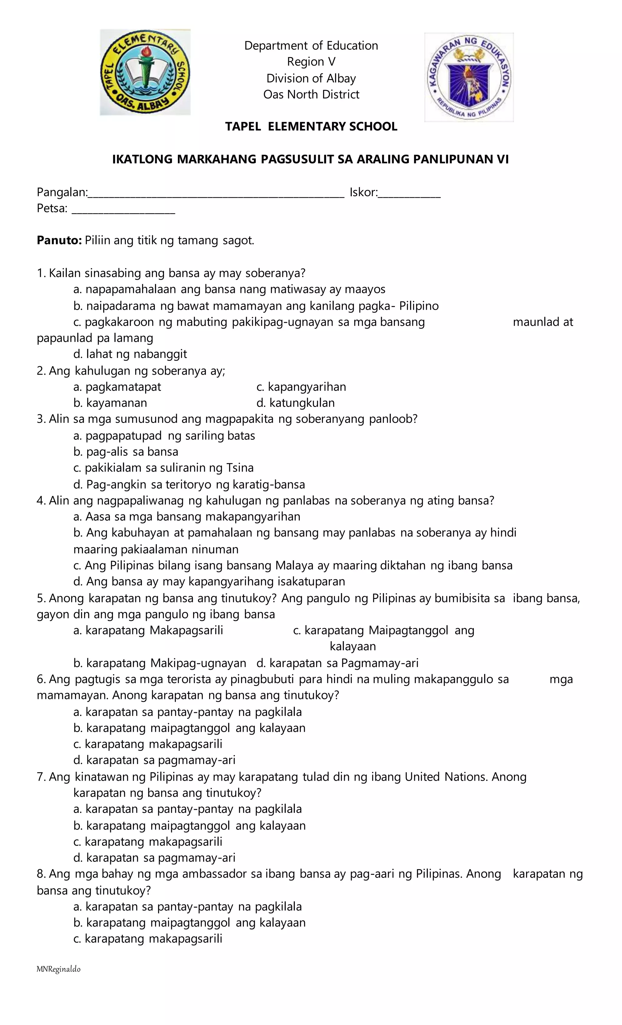 Pt araling panlipunan 6 q3 | DOCX