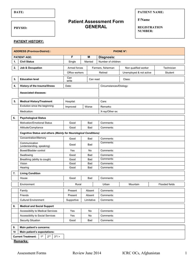PATIENT ASSESSMENT GENERAL FORM | PDF | Physical Therapy | Wellness