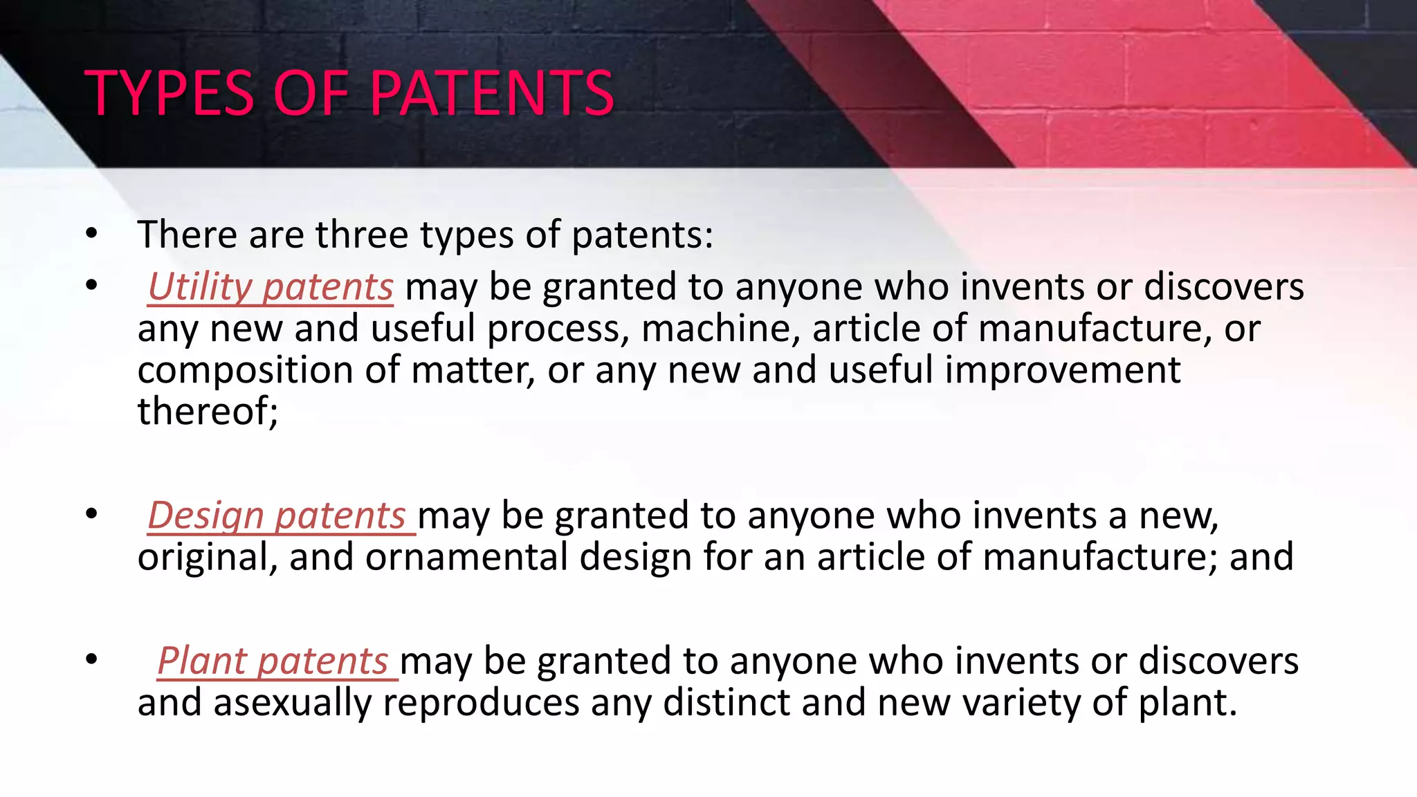 PATENT and types of patents | PPTX