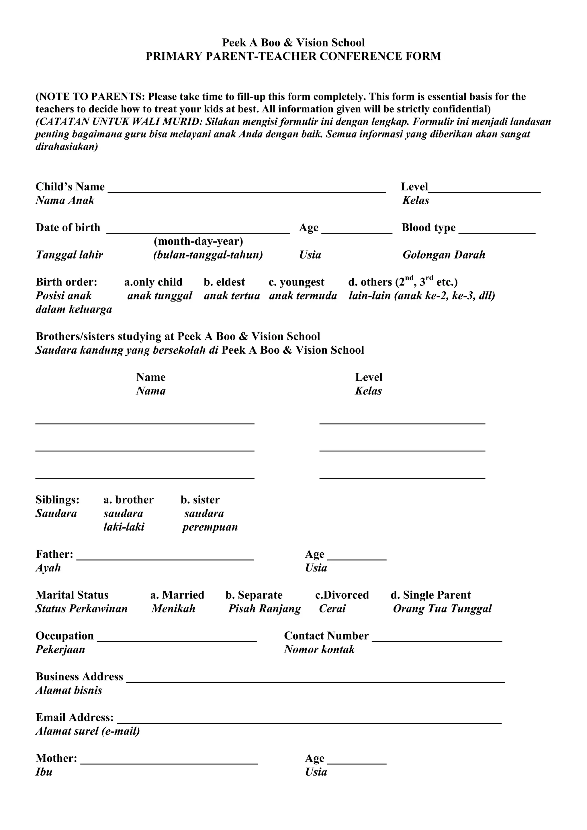Parent Teacher Conference Form Primary | DOC | Parenting Children Aged ...