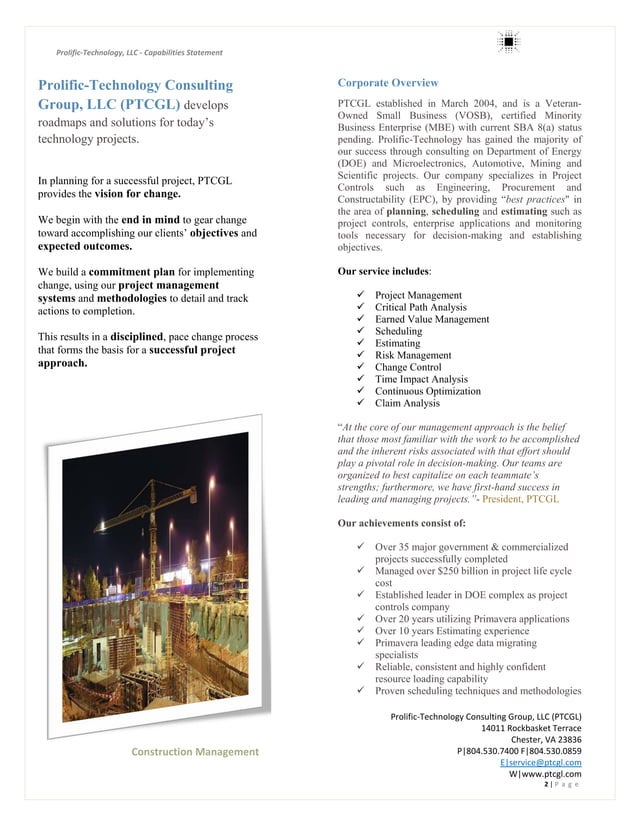 Ptcgl Capabilities Statement 2011 | PDF