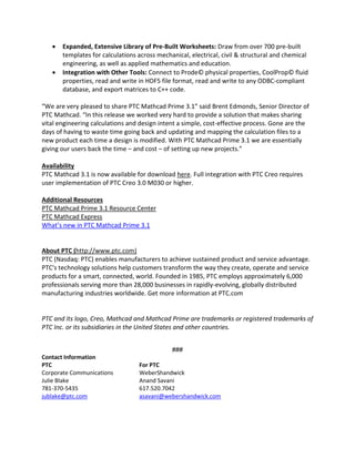 PTC Introduces PTC Mathcad Prime 3.1 | DOCX
