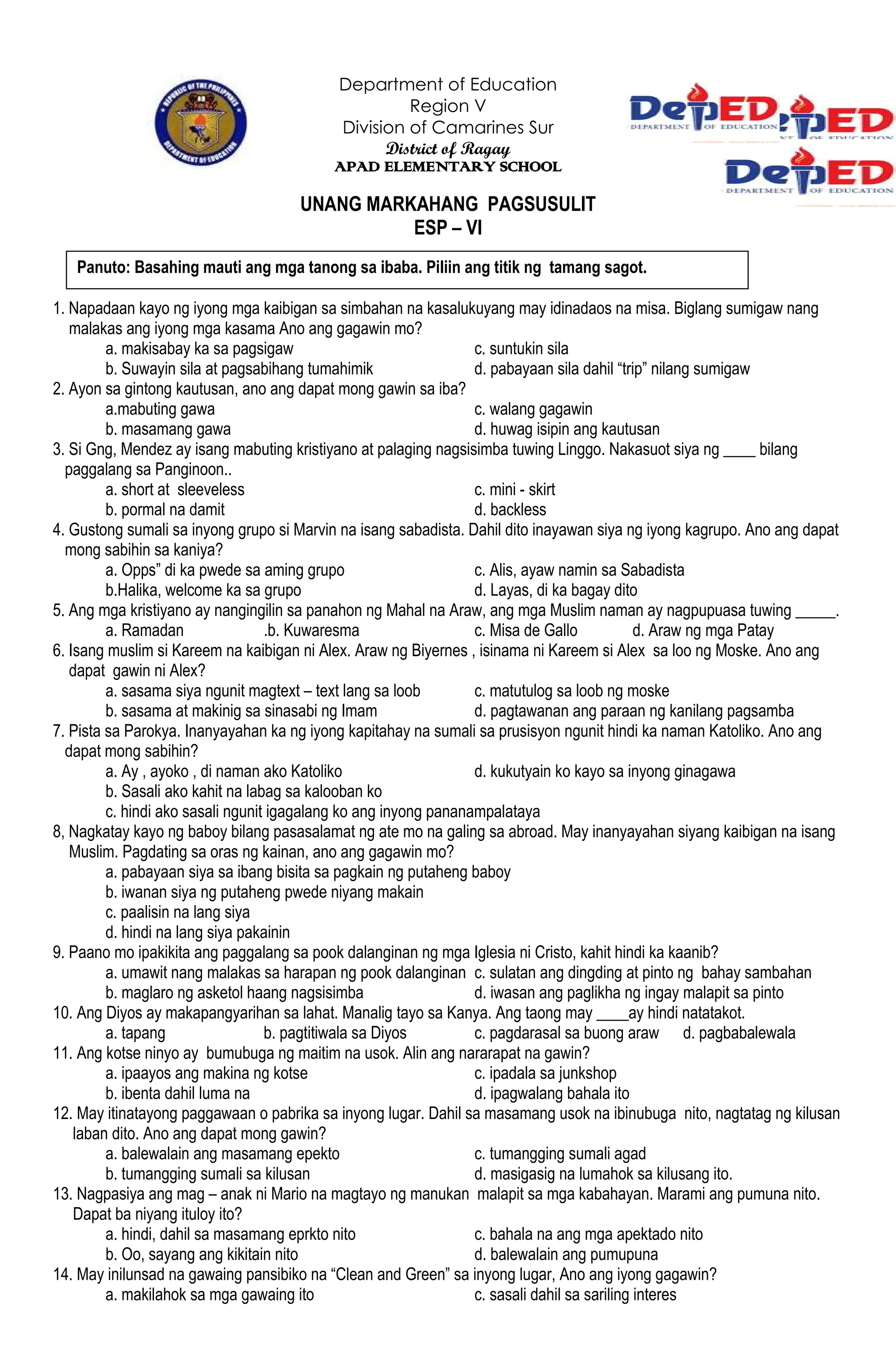PERIODICAL EXAMINATION FIRST QUARTER SAMPLE ONLY | DOC