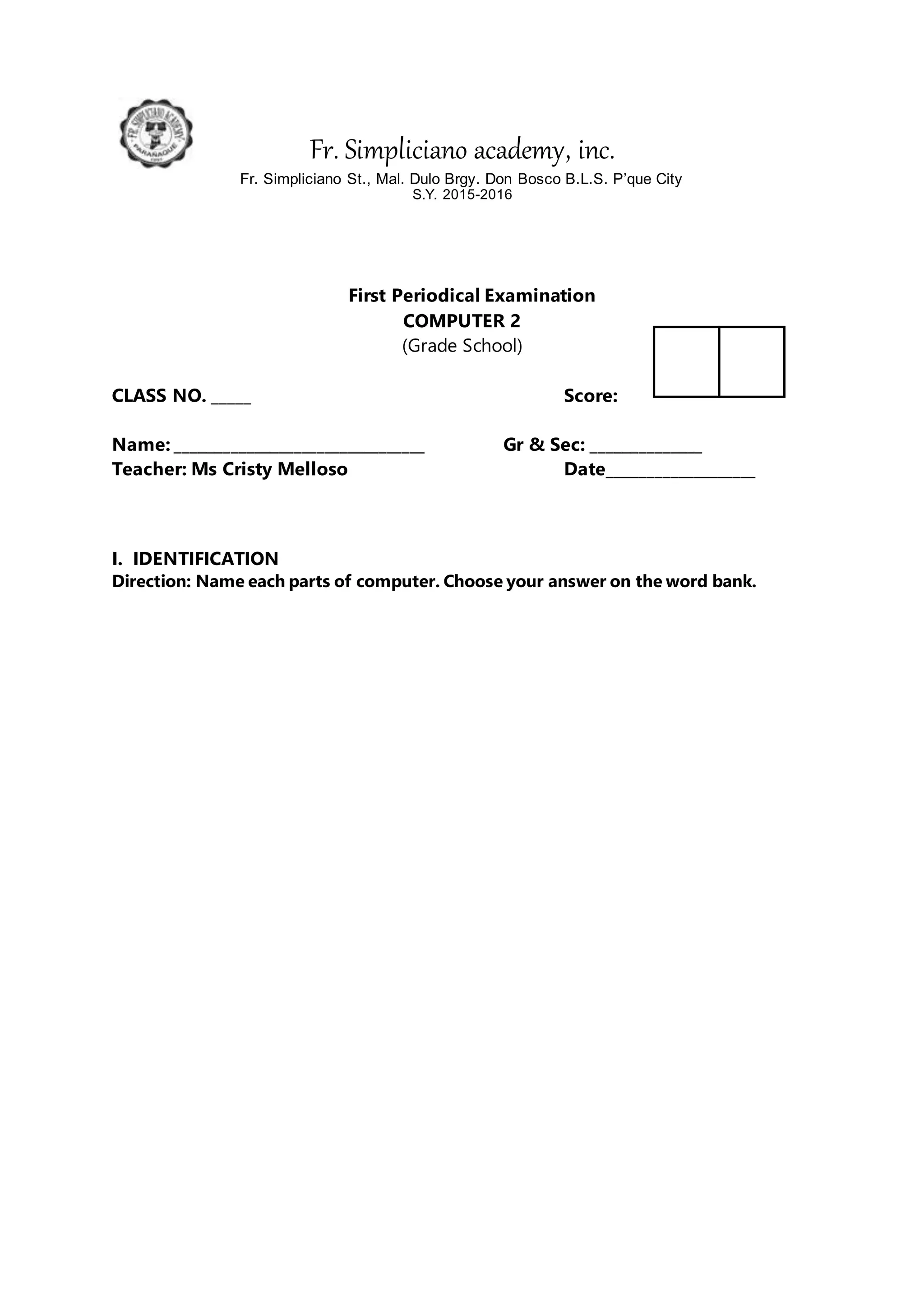 FIRST PERIODICAL TEST IN COMPUTER GRADE 2 | DOCX