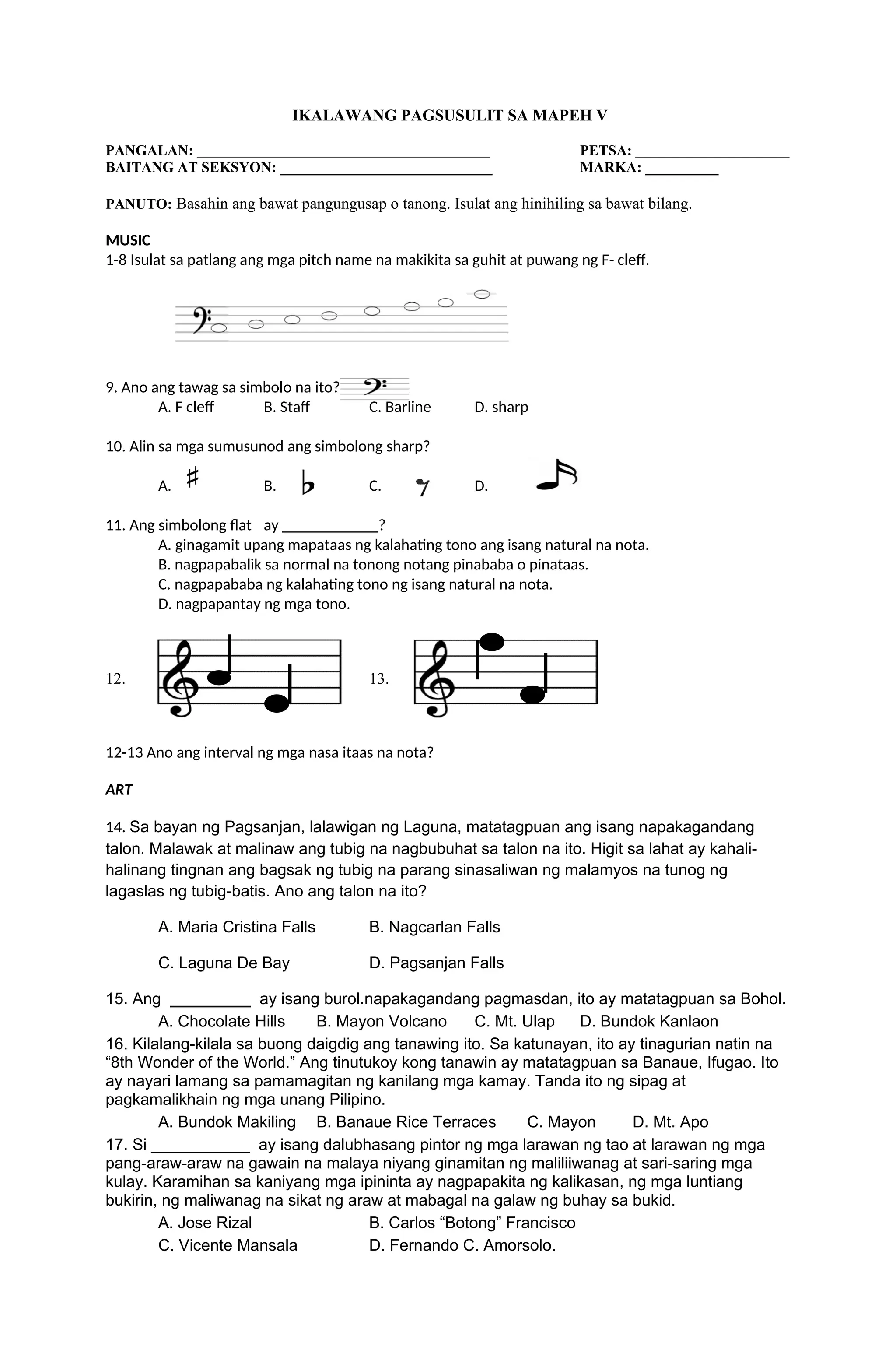 periodical test in Music Arts Physical Education Health for Grade 5 | DOCX