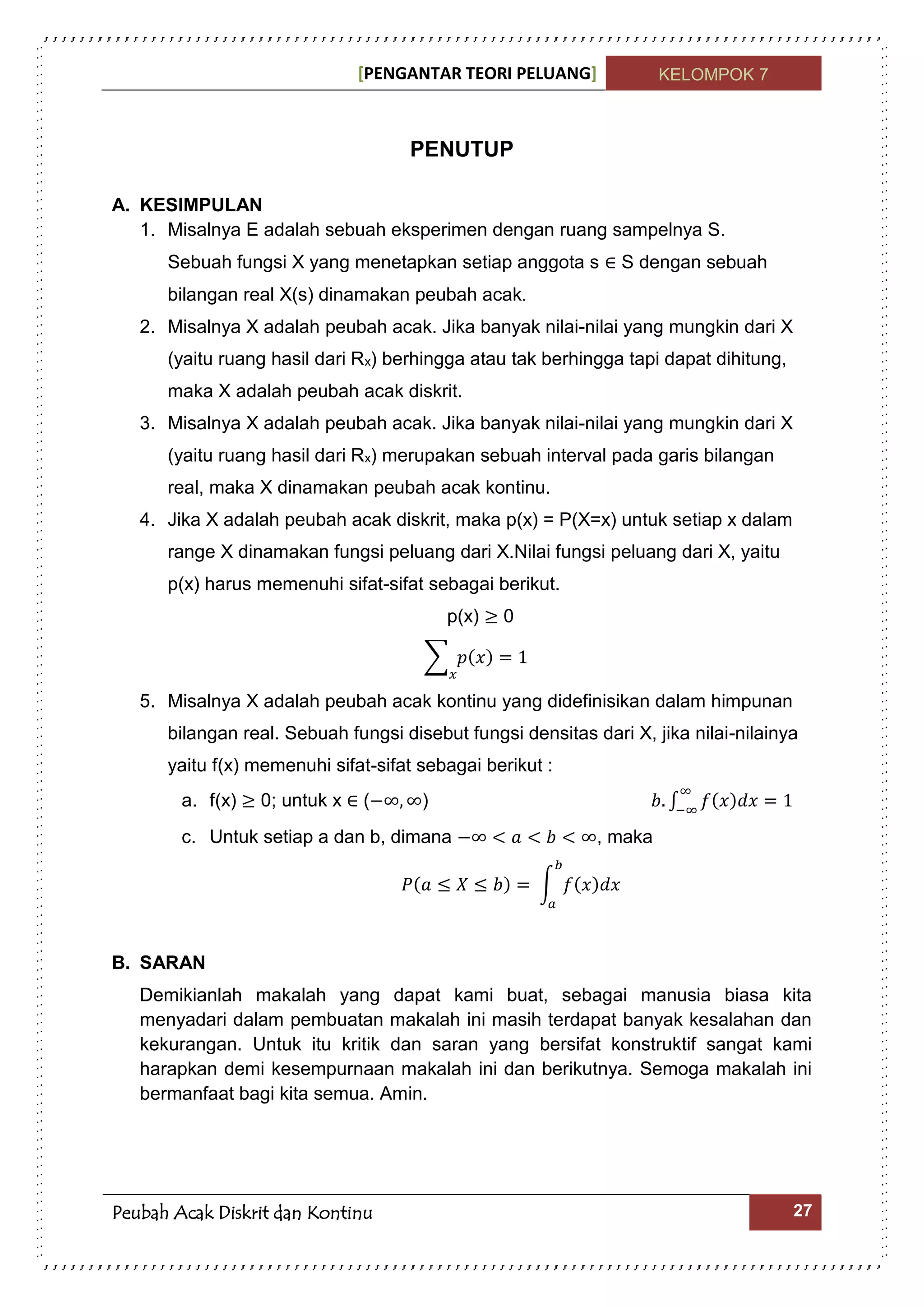 Peubah acak diskrit dan kontinu | DOCX