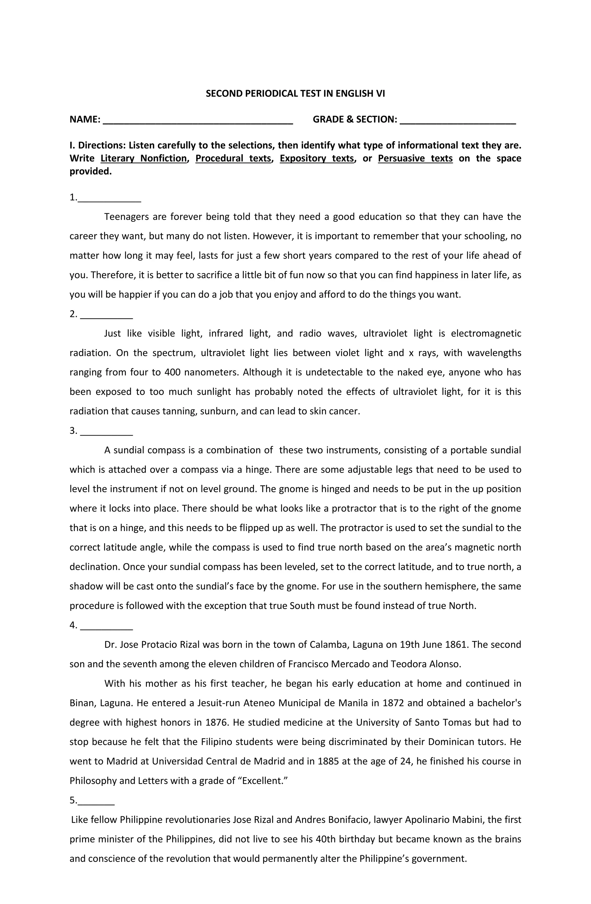 English Periodical Test for Grade Six pupils | DOCX
