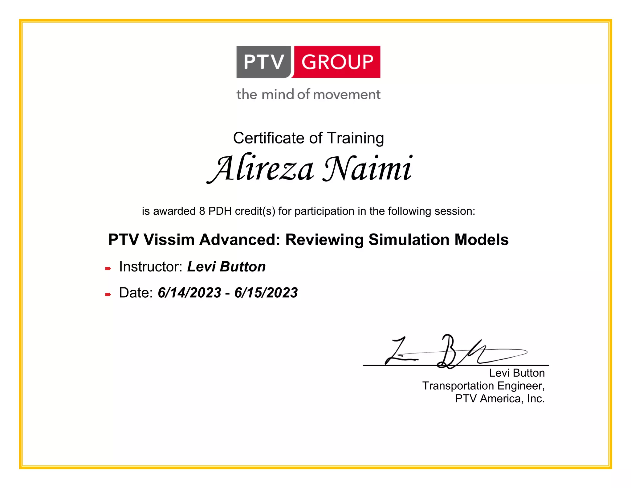 PTV Vissim for Reviewers Training Completion Certificate | PDF