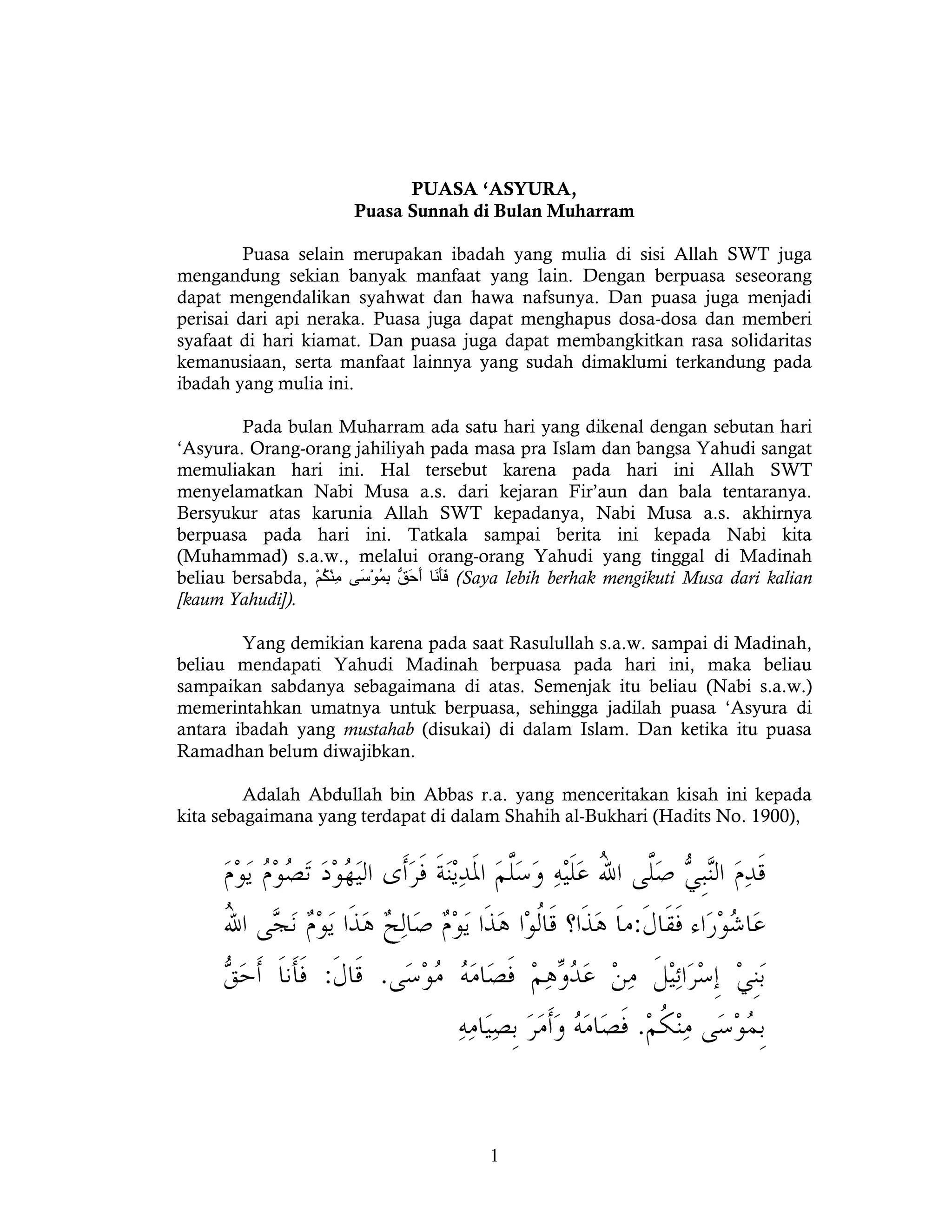 Puasa ‘asyura, puasa sunnah di bulan muharram | PDF