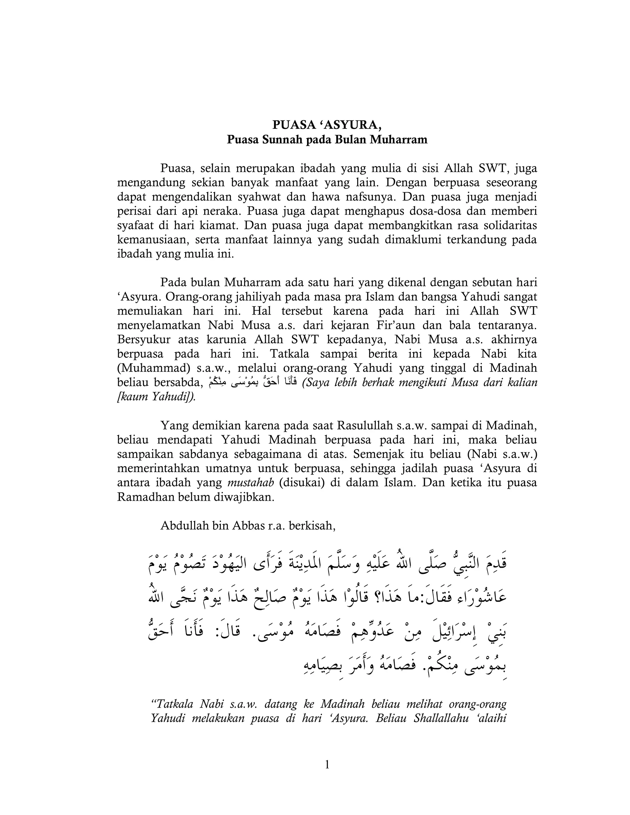 Puasa ‘asyura, puasa sunnah di bulan muharram | PDF
