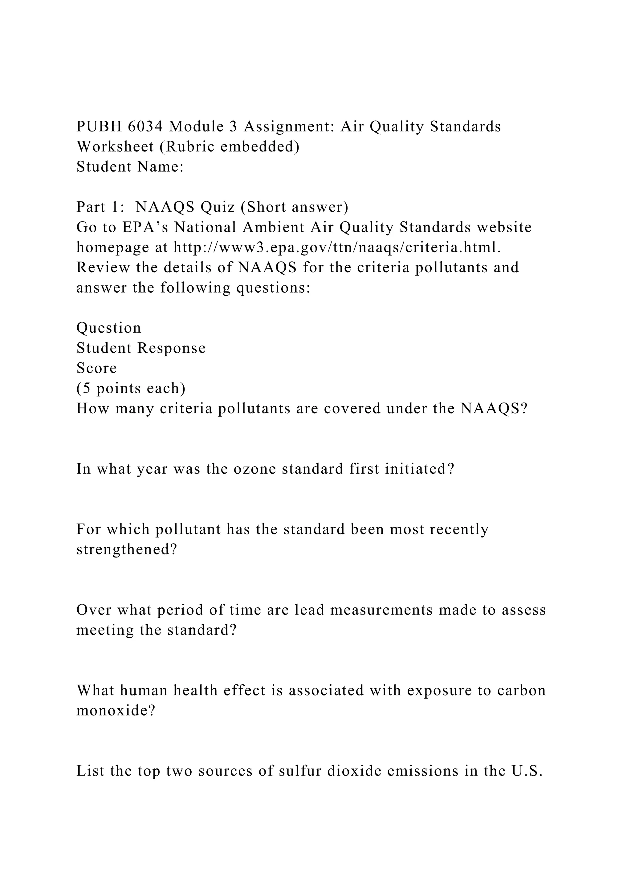 PUBH 6034 Module 3 Assignment Air Quality Standards Worksheet (Ru.docx