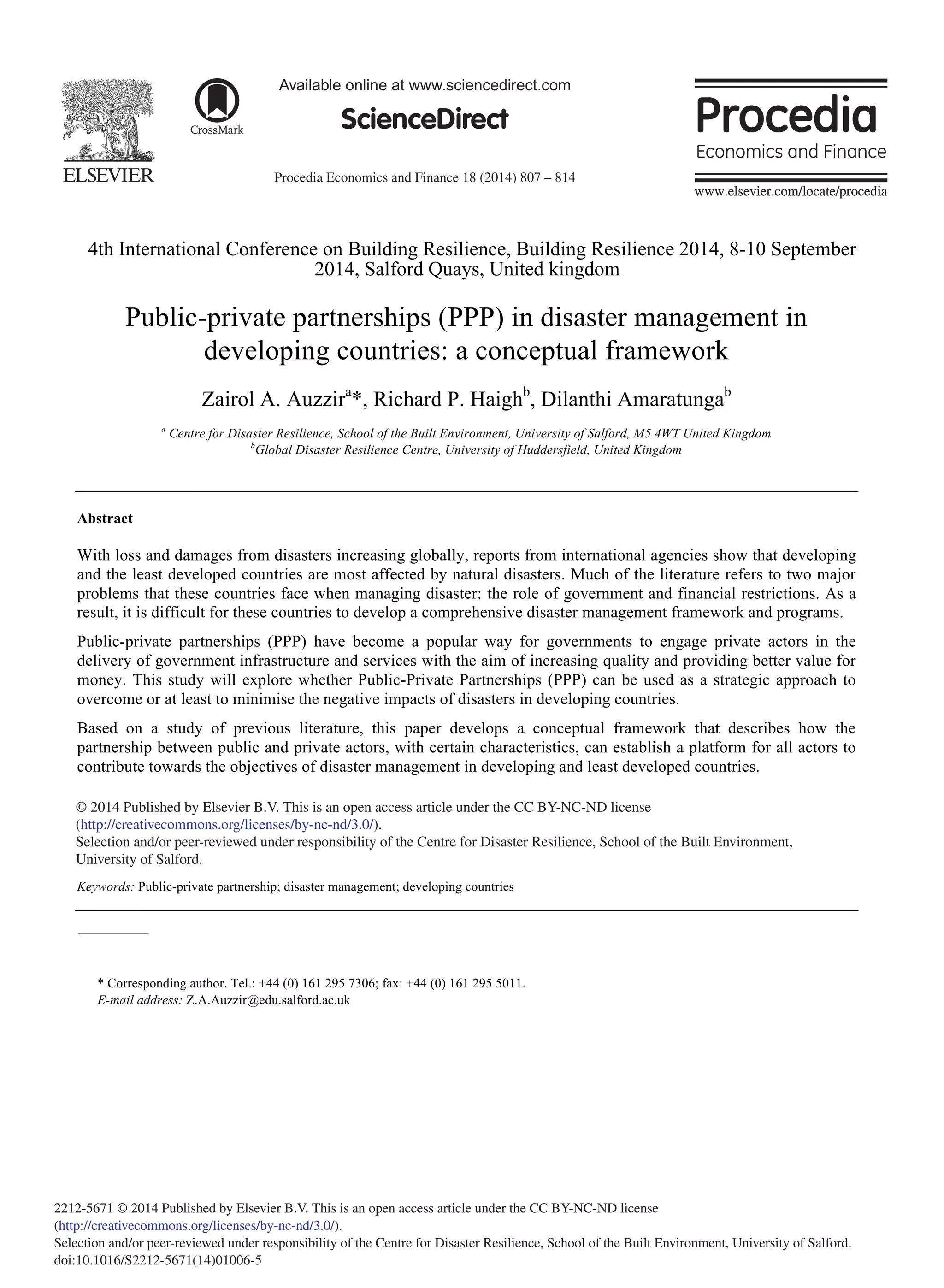 Public private partnerships (ppp) in disaster management | PDF