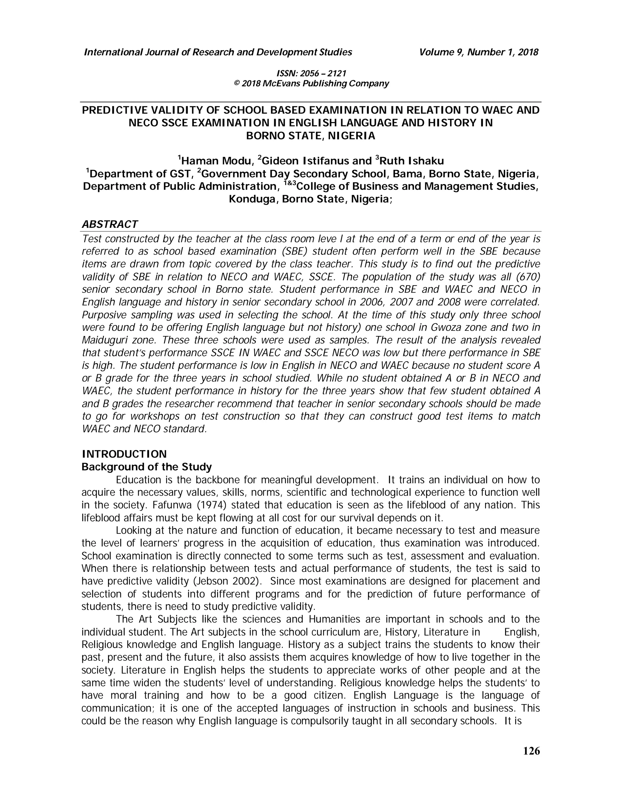 PREDICTIVE VALIDITY OF SCHOOL BASED EXAMINATION IN RELATION TO WAEC AND ...