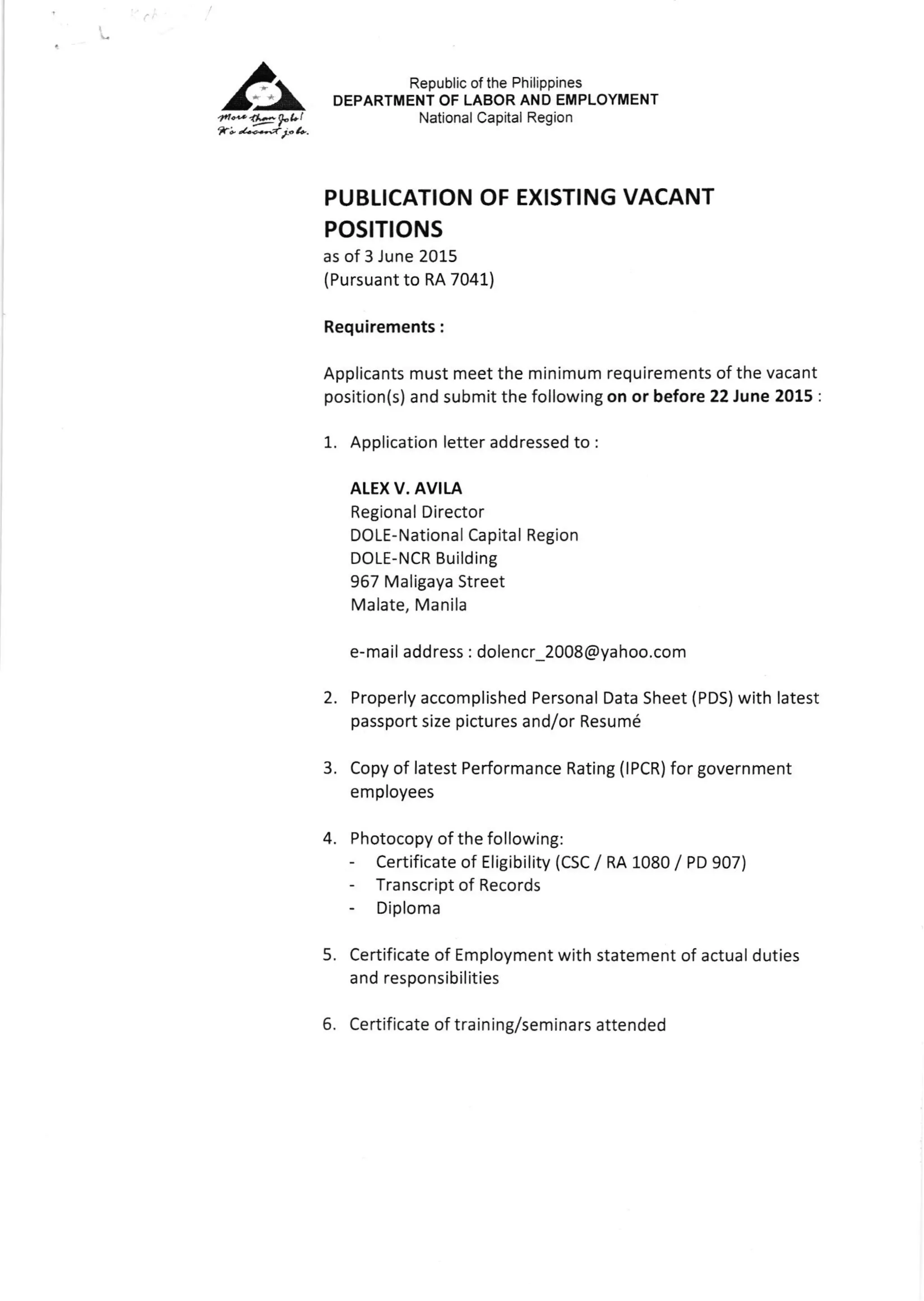 Publication of existing vacant positions | PDF