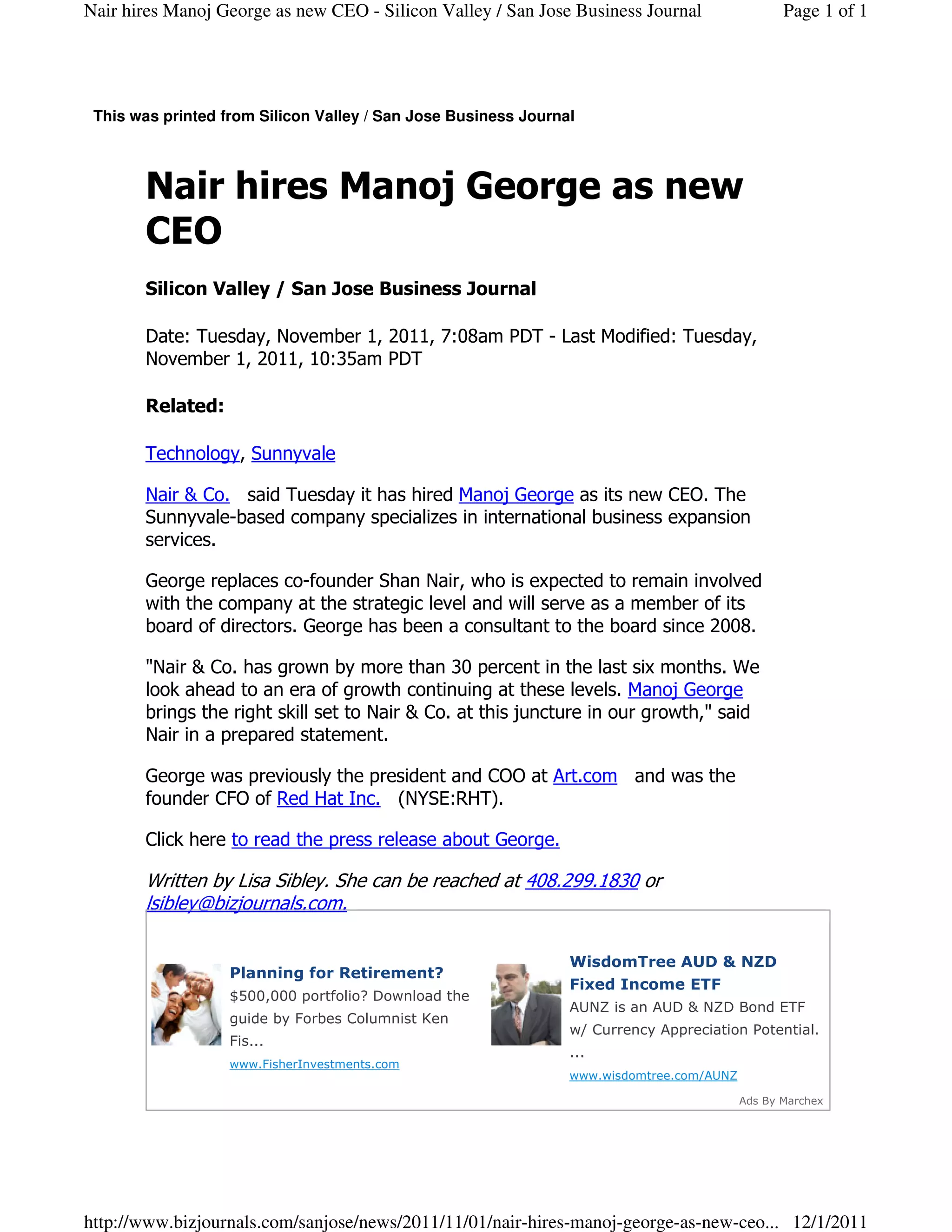 Nair Hires Manoj George as New CEO | PDF
