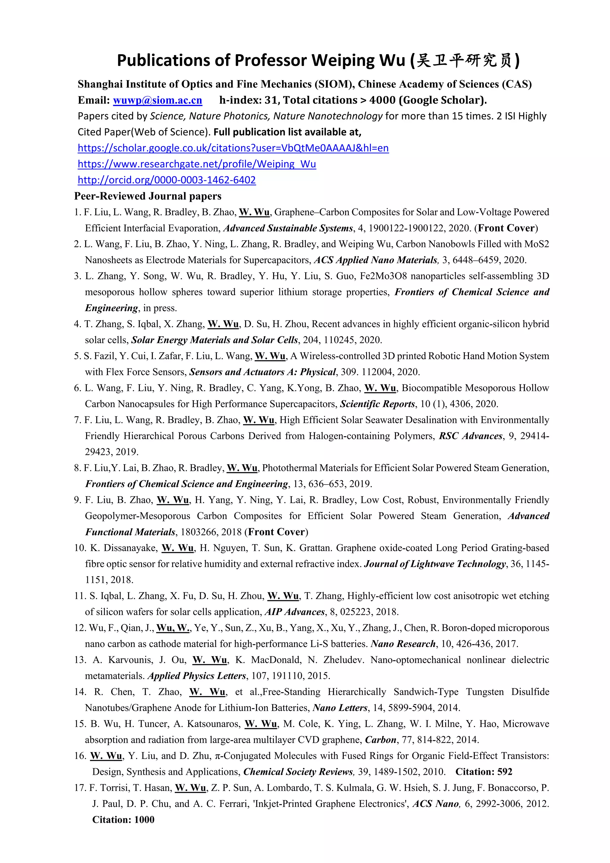 Publications of professor weiping wu, shanghai institute of optics and ...