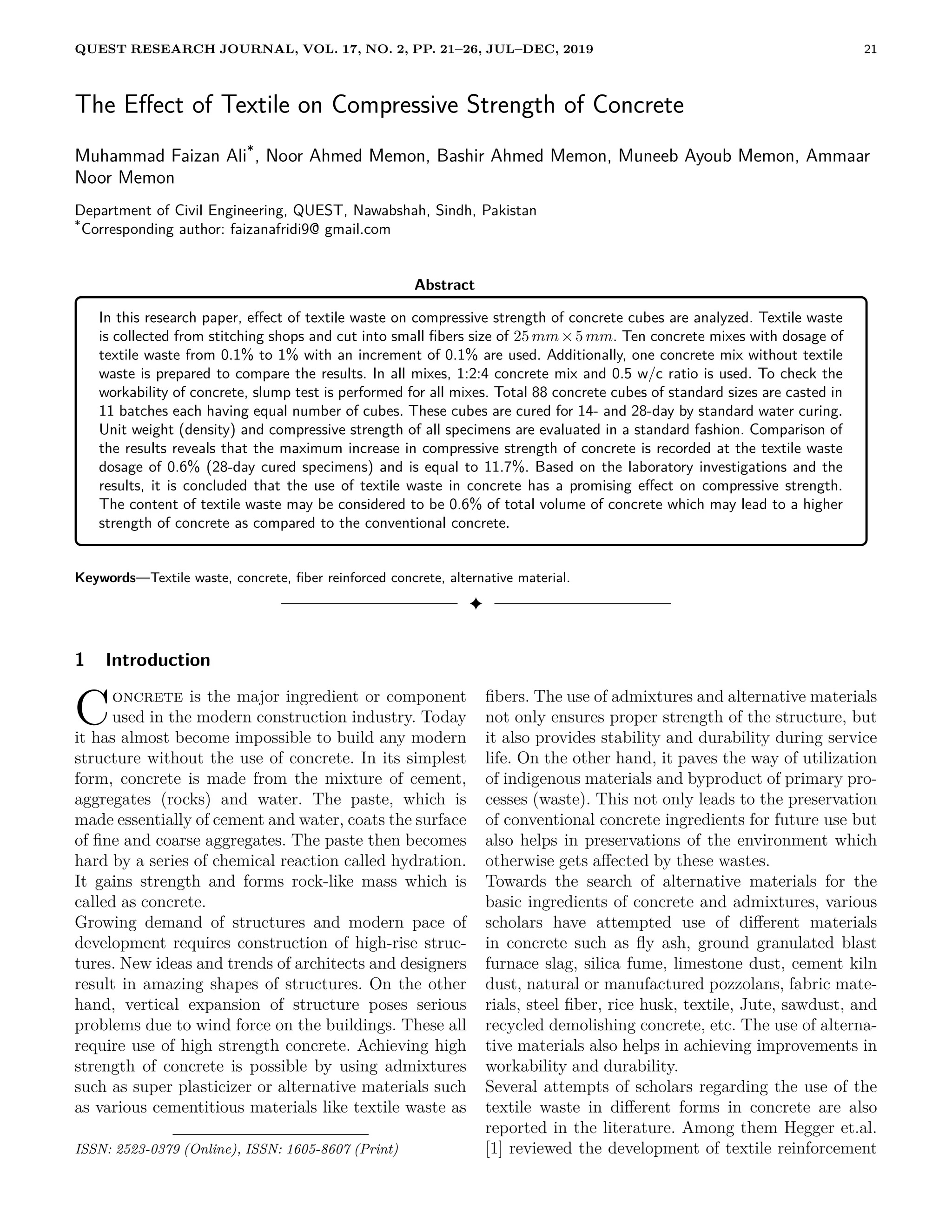 Publication=The Effect of Textile on Compressive Strength of Concrete ...
