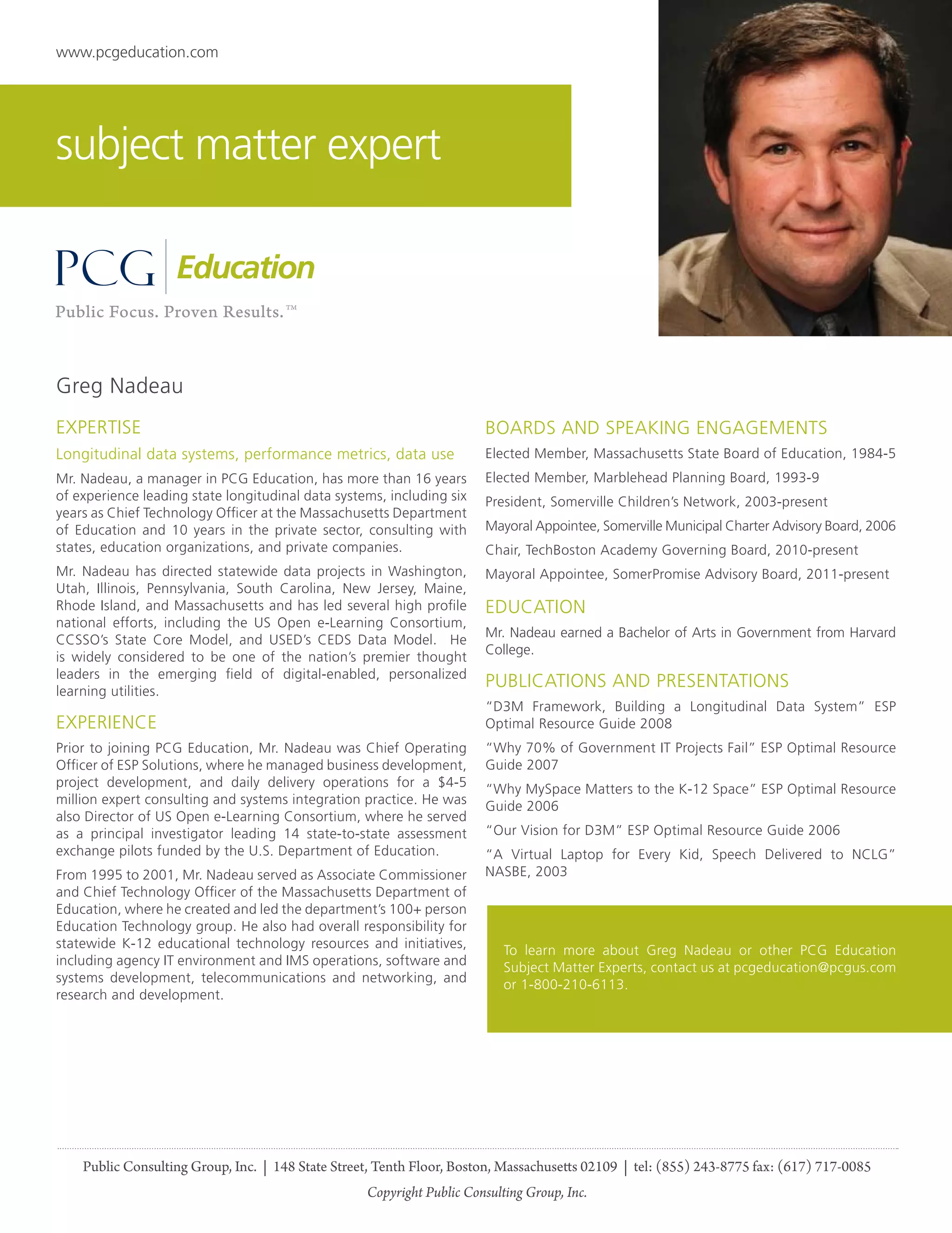 Public Consulting Group Employee Information #3 - Greg Nadeau | PDF