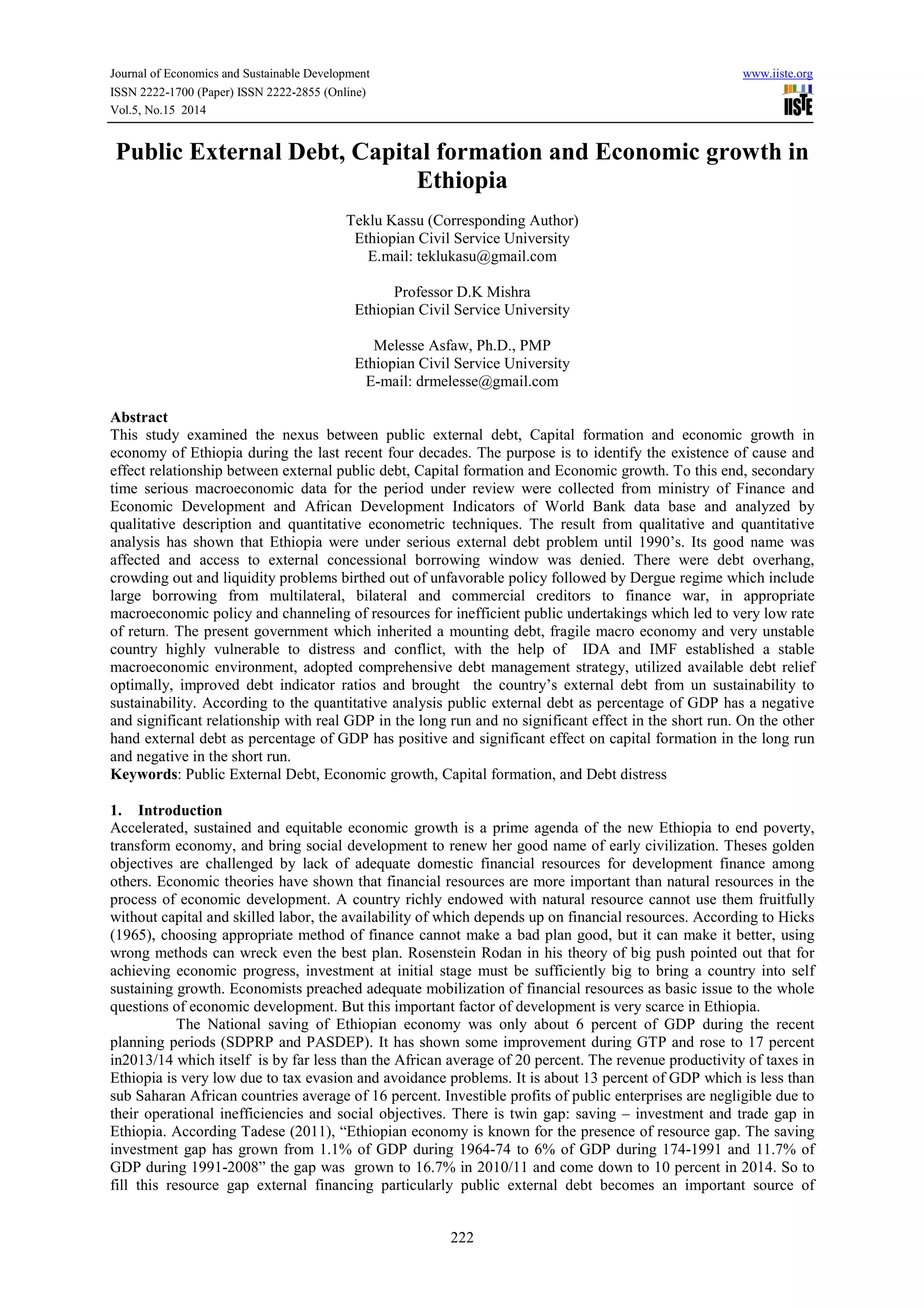 Public external debt, capital formation and economic growth in ethiopia ...