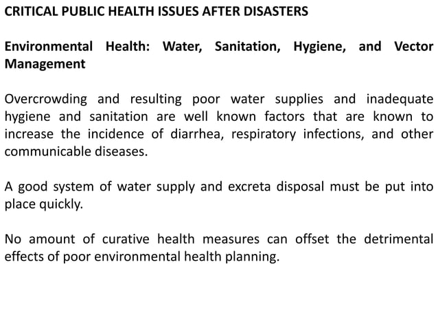 Public health in disaster | PPTX | Infectious Diseases | Diseases and ...