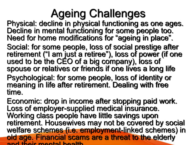 Ageing, the Elderly, Gerontology and Public Health | PPT | Eldercare ...