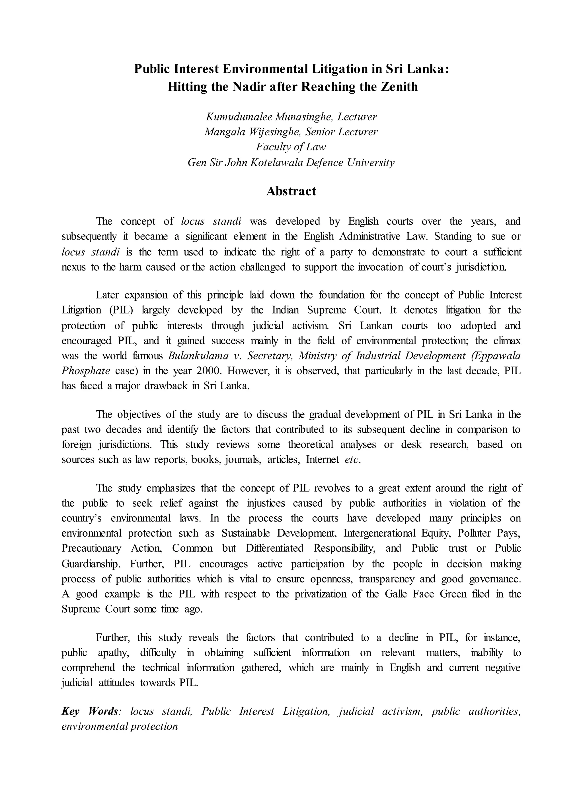 Public interest environmental litigation in sri lanka hitting the nadir ...