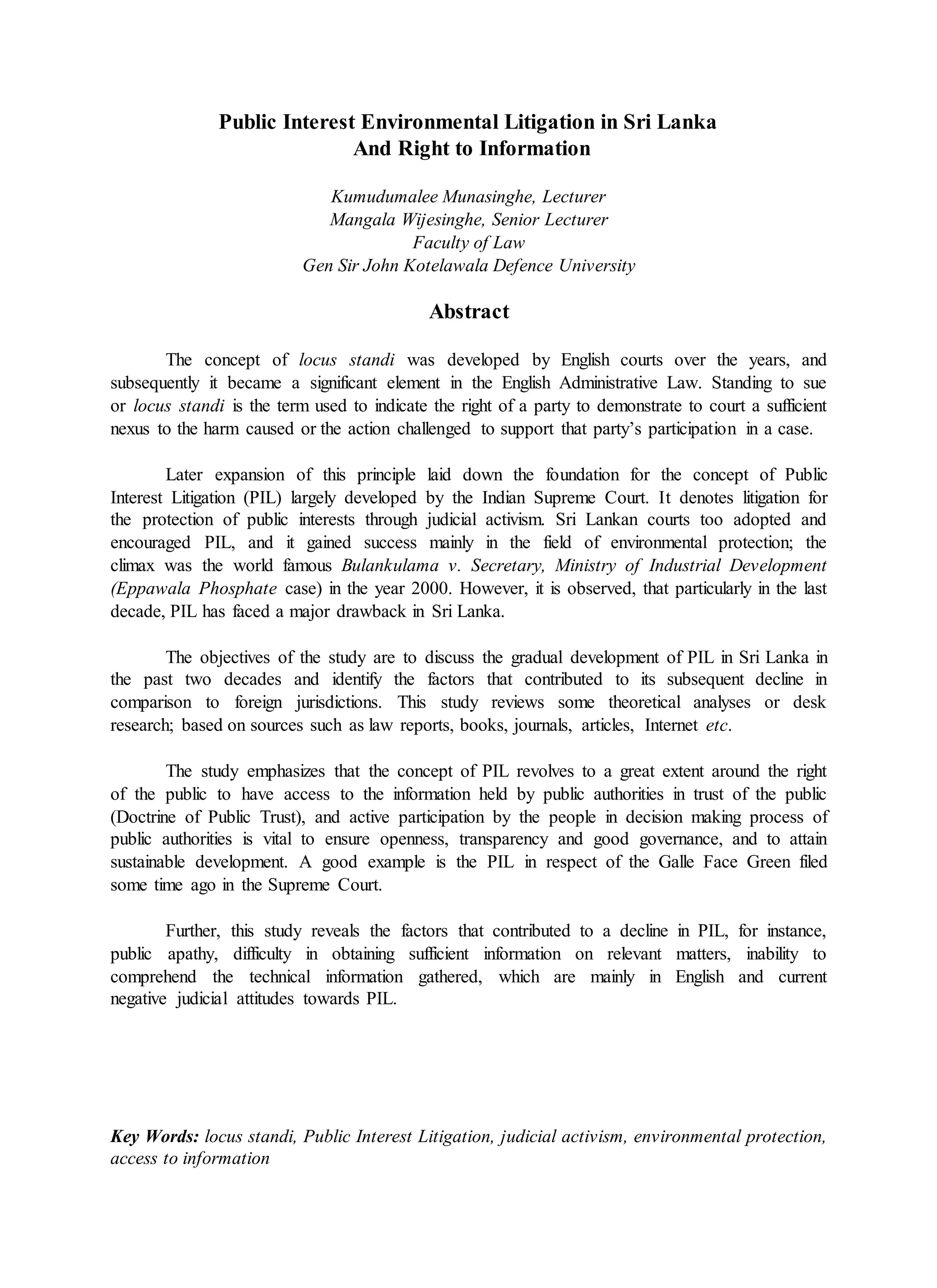 Public interest environmental litigation in sri lanka and right to ...