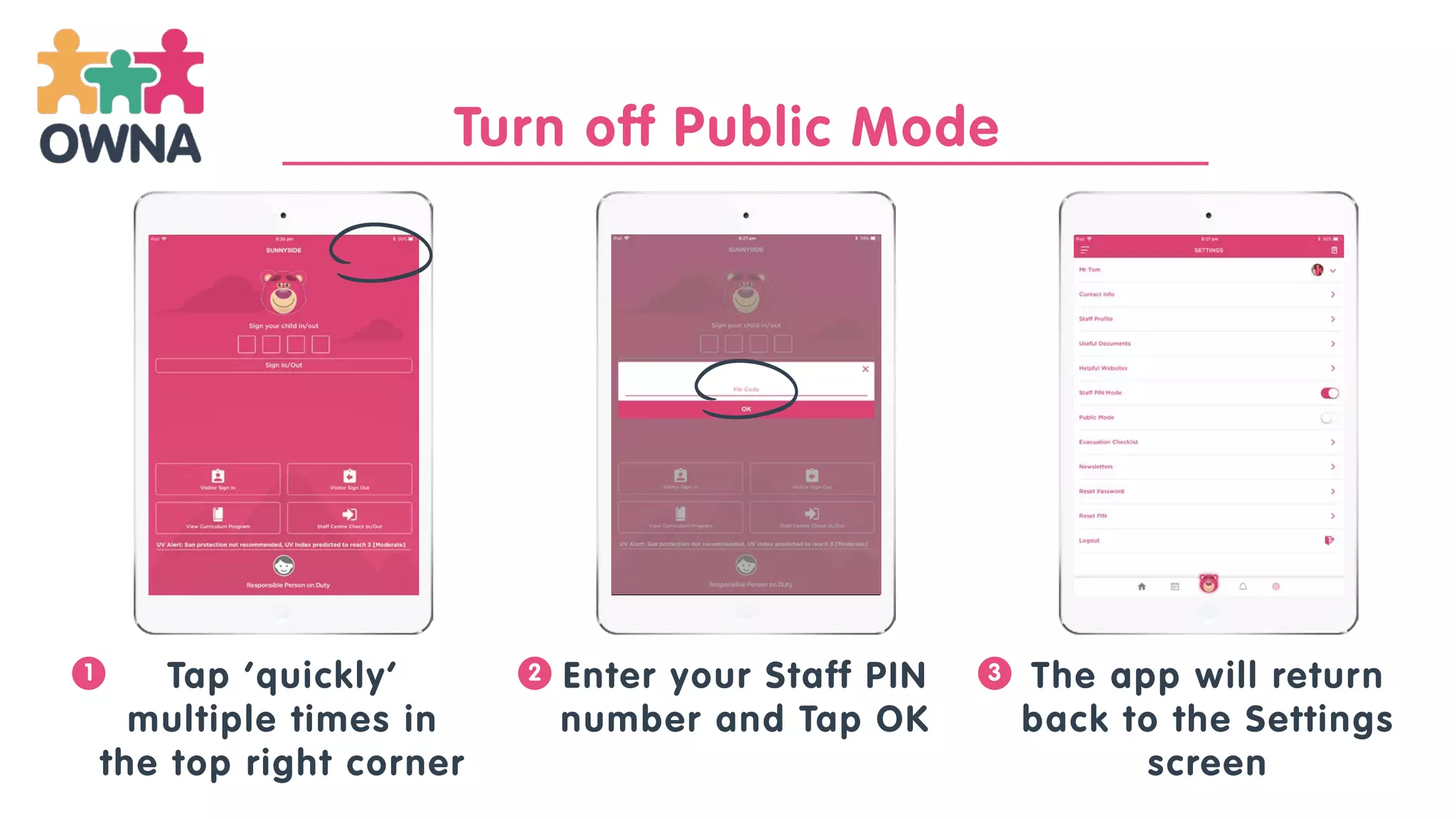 OWNA Childcare Apps: Using Public Mode | PDF