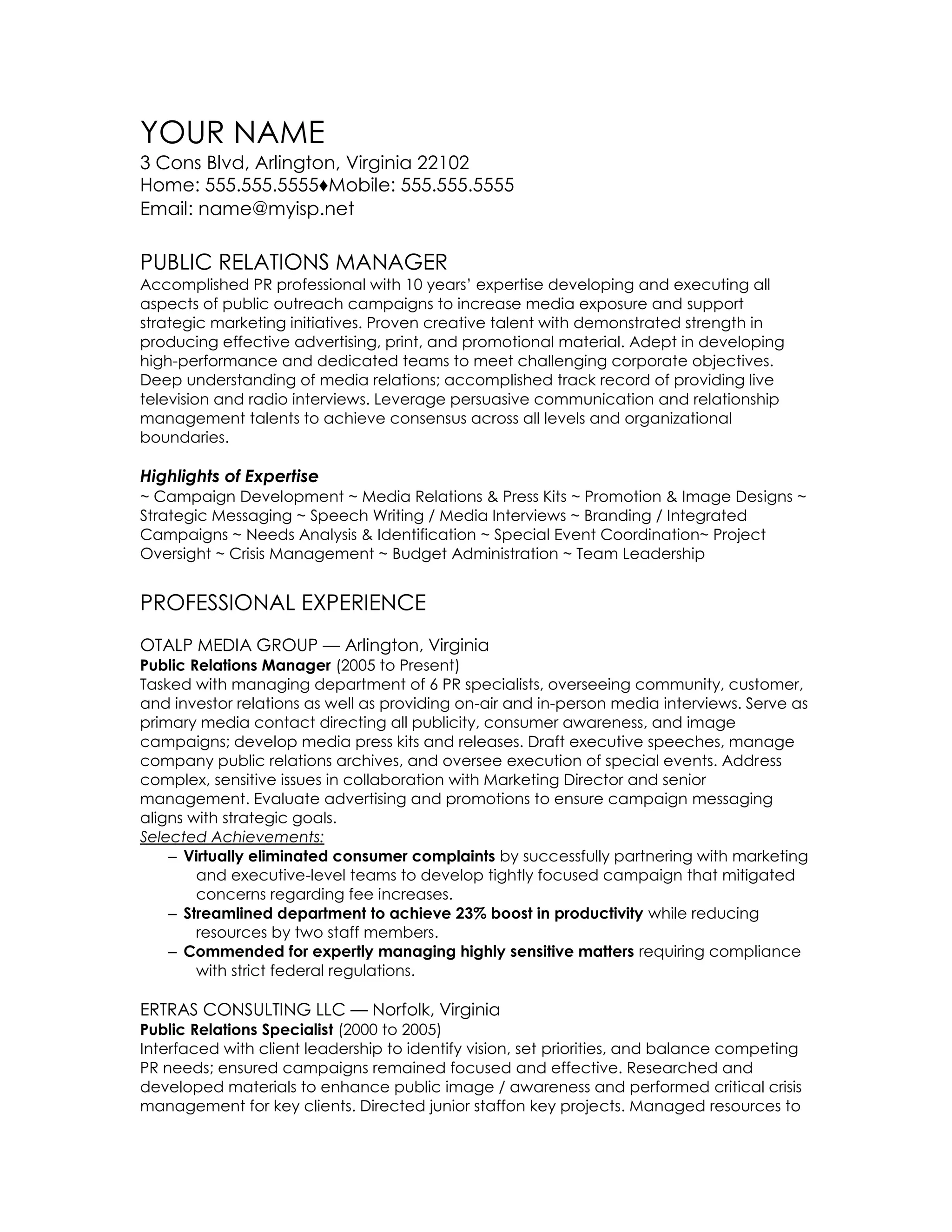 Public Relations Manager CV Template | DOCX