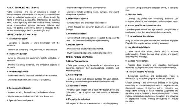 NOTES FOR PUBLIC SPEAKING AND DEBATE DOCUMENTS | PPT