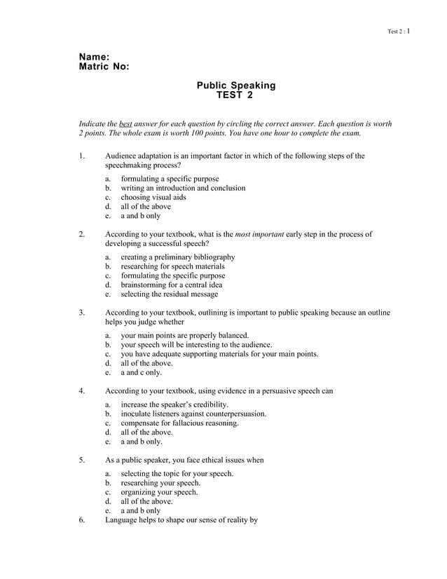 Public Speaking Test 2 | DOC | Educational Assessment | Education