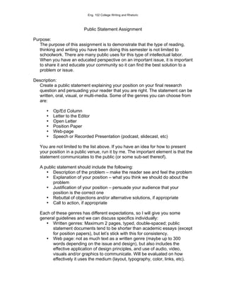 Eng 102H Public statement assignment | PDF