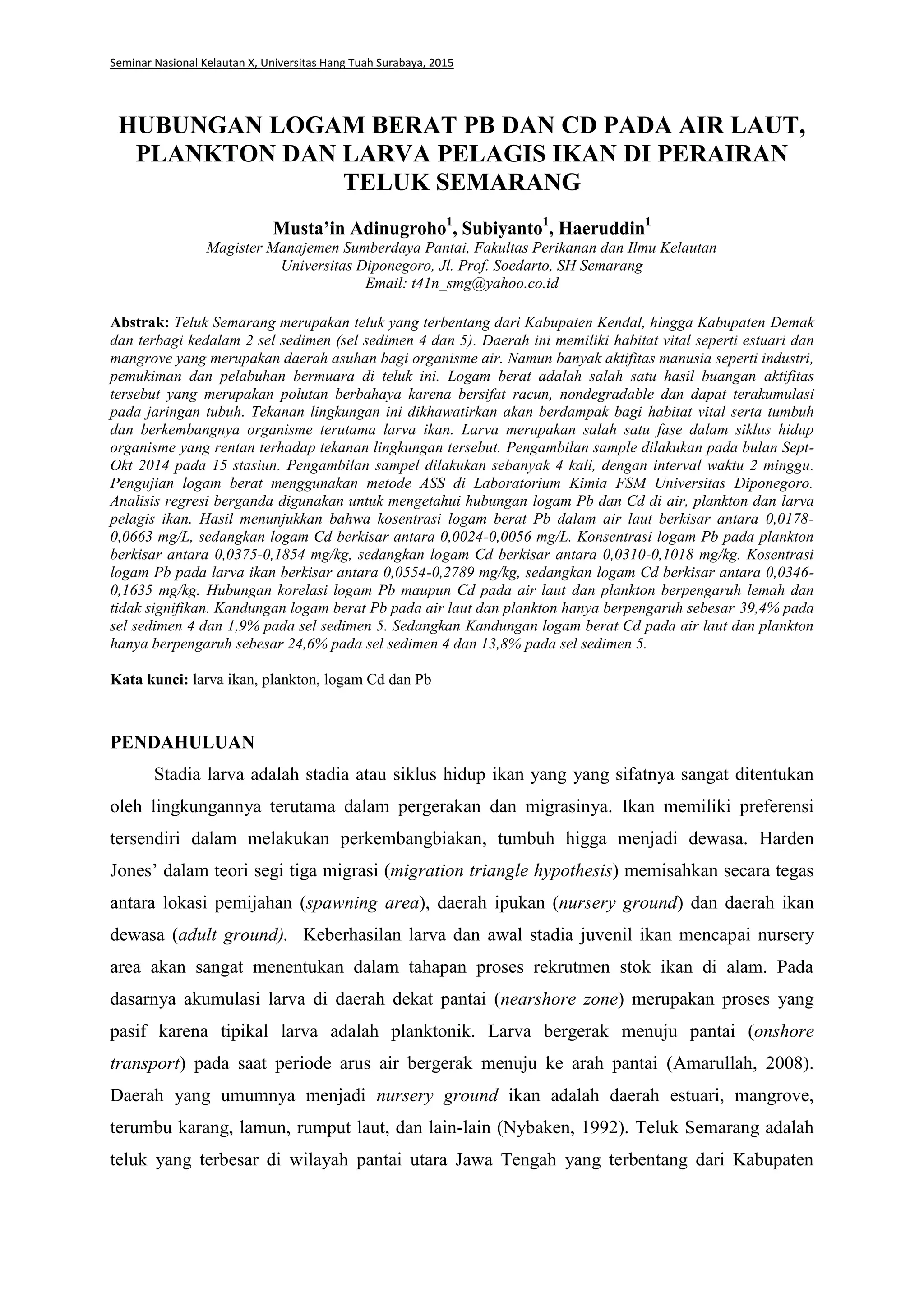 HUBUNGAN LOGAM BERAT Pb DAN Cd PADA AIR LAUT, PLANKTON DAN LARVA PELAGIS IKAN DI PERAIRAN TELUK ...