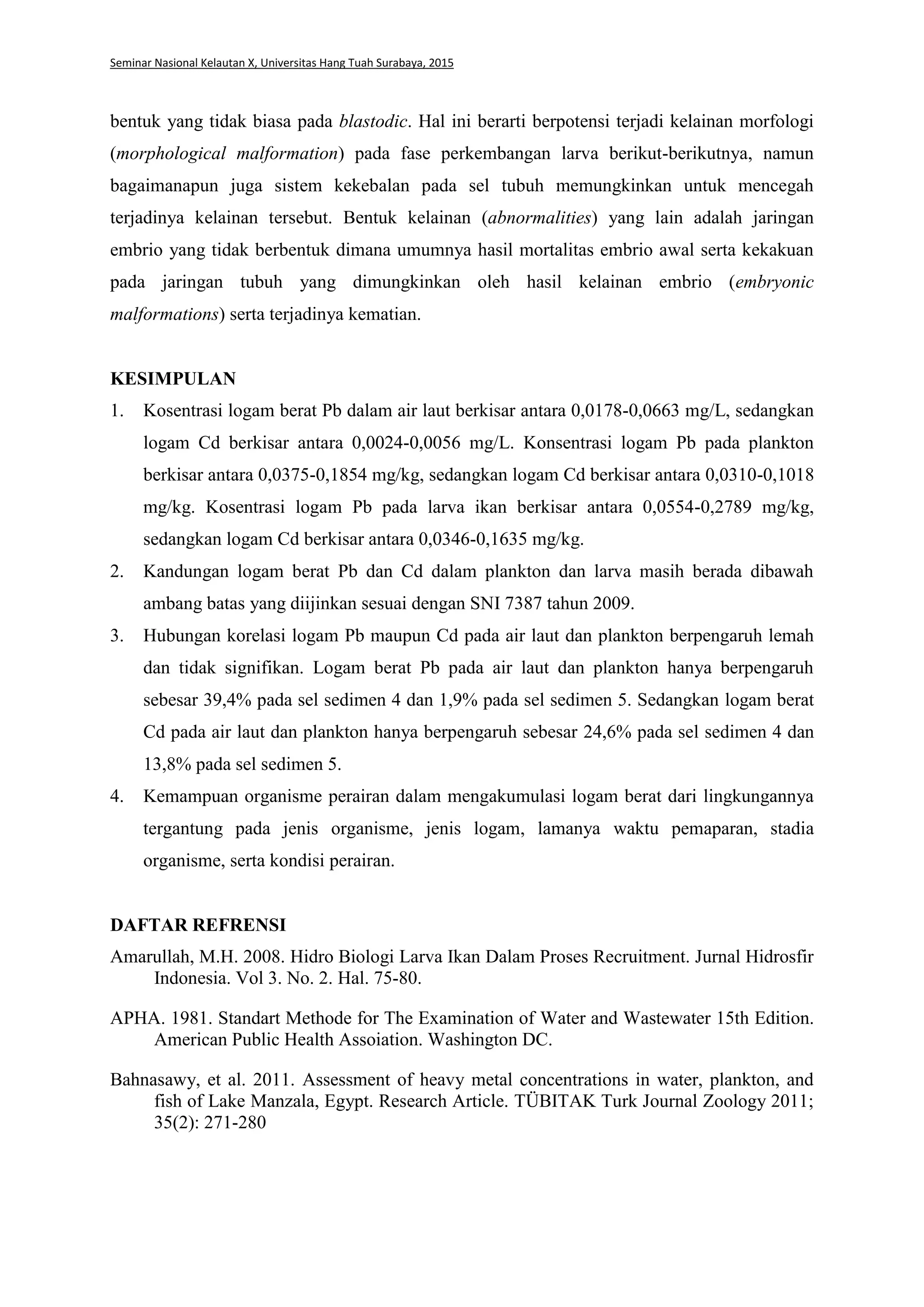 HUBUNGAN LOGAM BERAT Pb DAN Cd PADA AIR LAUT, PLANKTON DAN LARVA ...