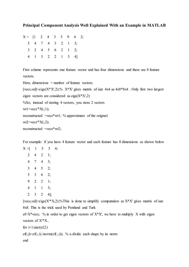 Principal Component Analysis With Simple Matlab Example Pdf