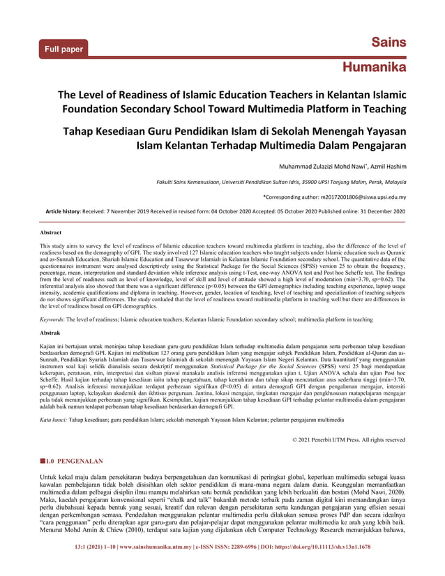 Tahap Kesediaan Guru Pendidikan Islam di Sekolah Menengah Yayasan Islam Kelantan Terhadap ...