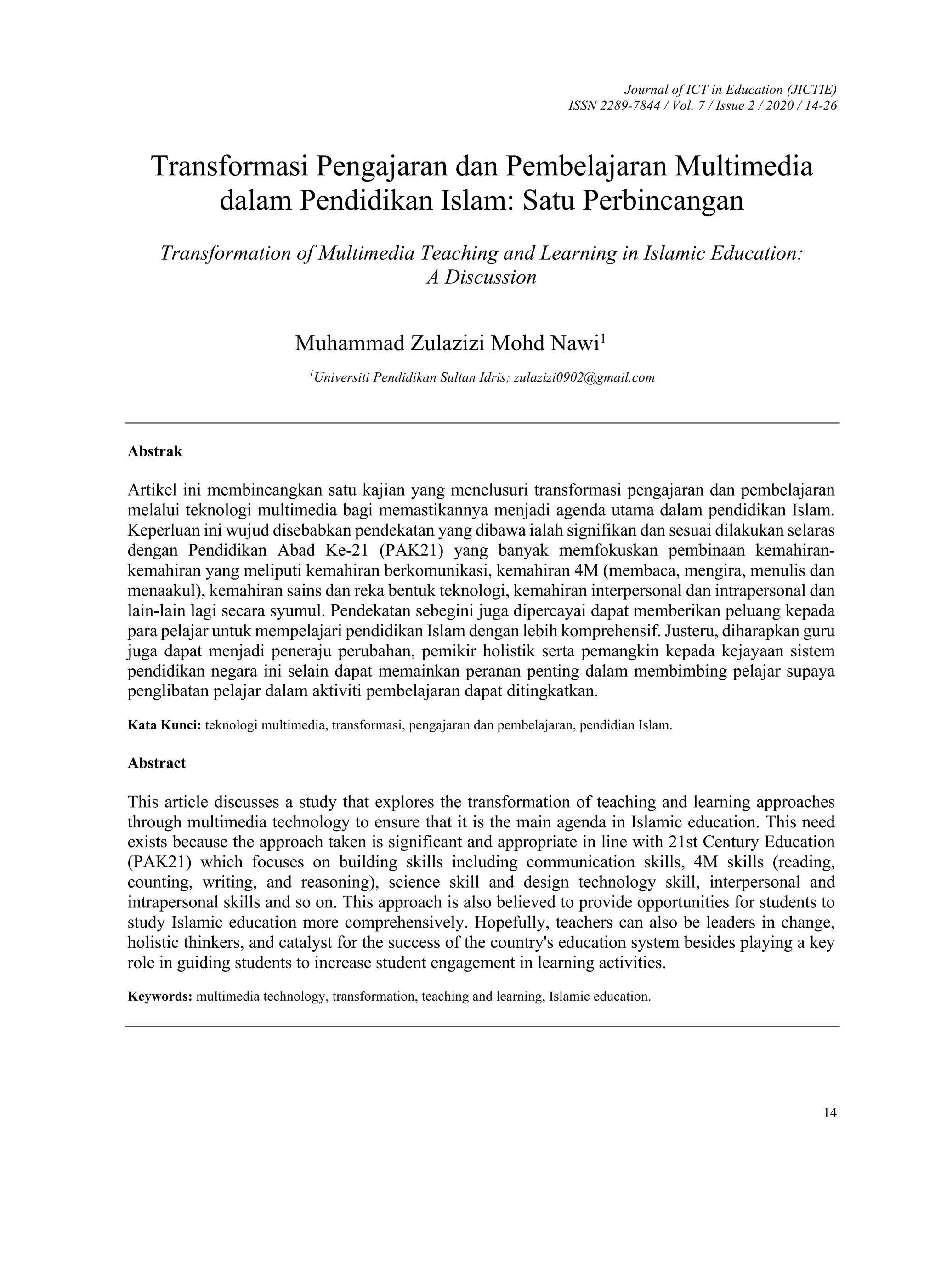 Transformasi Pengajaran dan Pembelajaran Multimedia dalam Pendidikan Islam: Satu Perbincangan | PDF