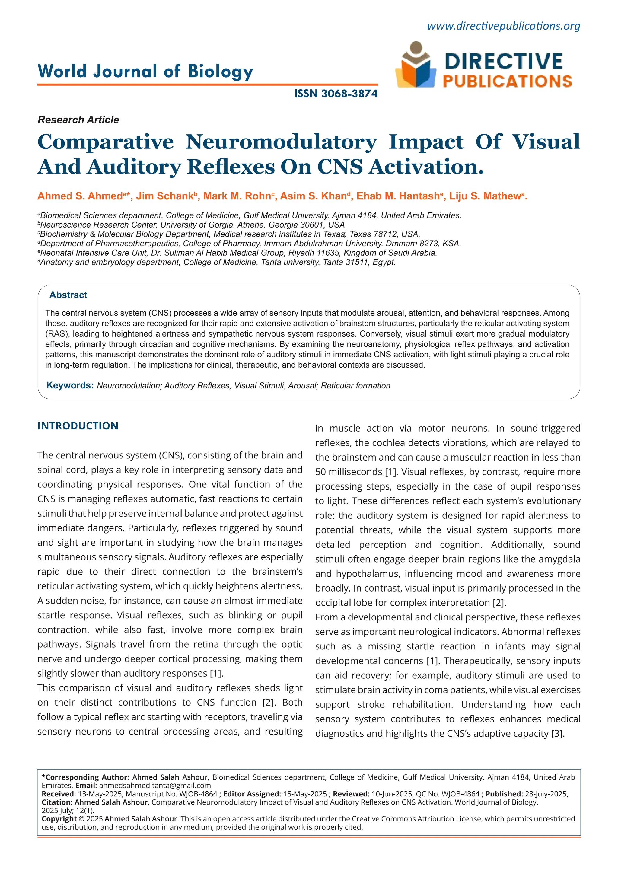 Comparative Neuromodulatory Impact Of Visual And Auditory Reflexes On ...