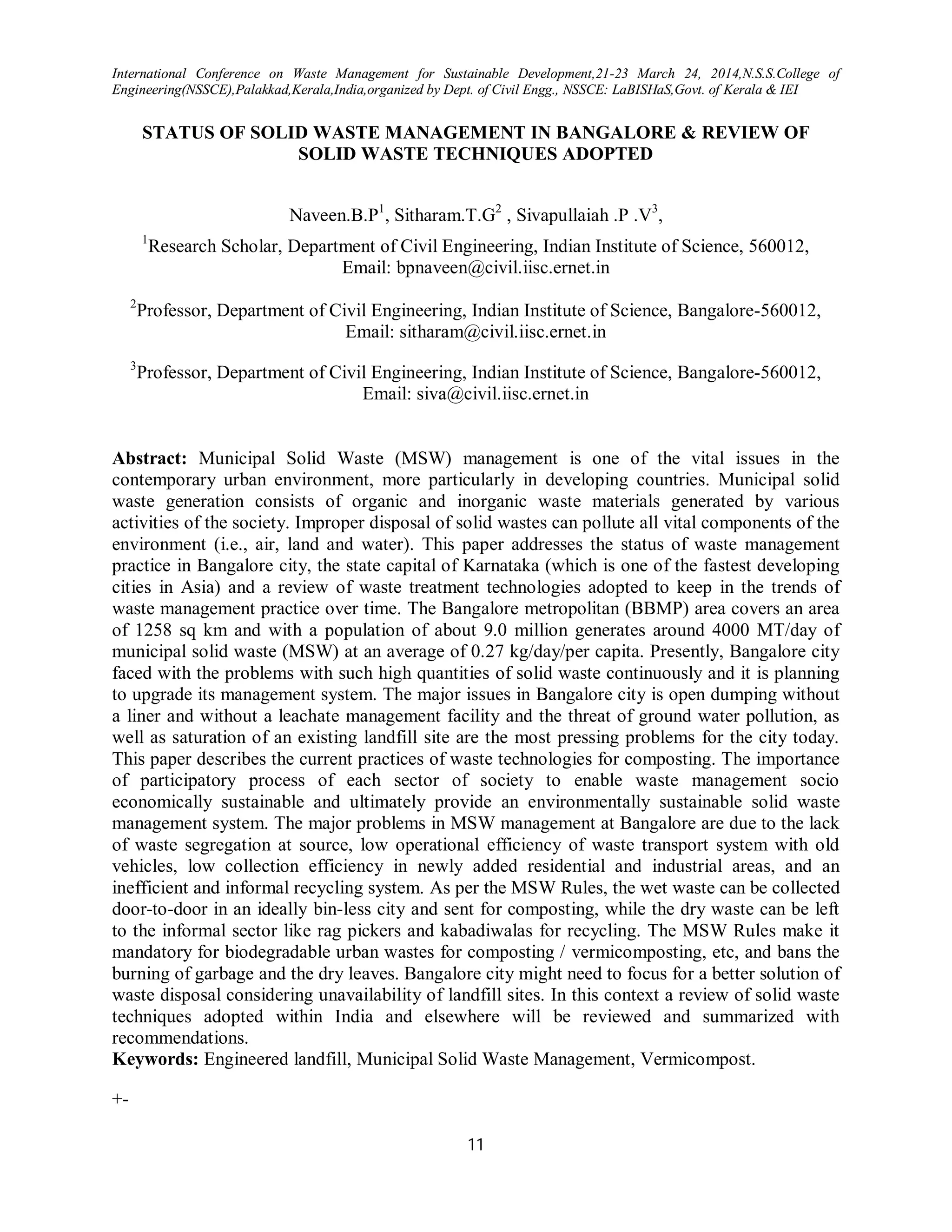 STATUS OF SOLID WASTE MANAGEMENT IN BANGALORE & REVIEW OF SOLID WASTE ...