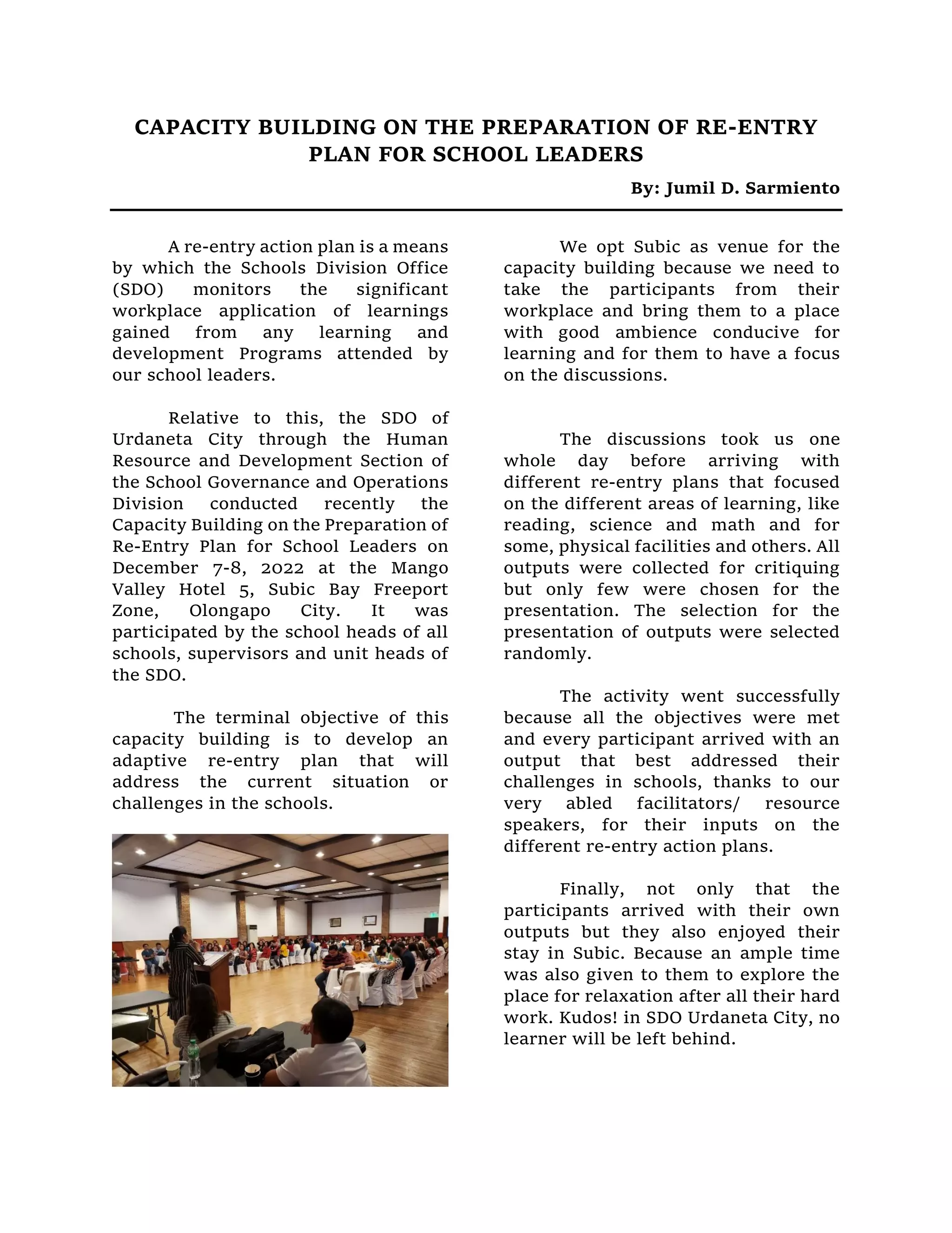 CAPACITY BUILDING ON THE PREPARATION OF RE-ENTRY PLAN FOR SCHOOL ...